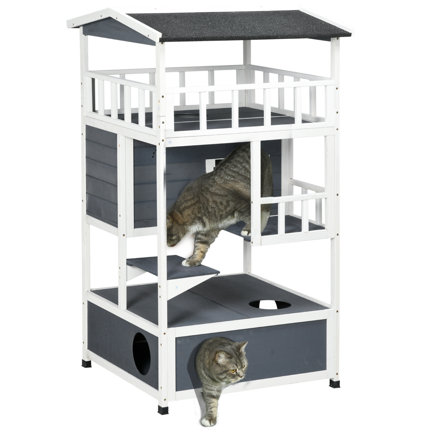 PawHut Wooden Outdoor Cat House Feral Cat Shelter Kitten Tree with ...