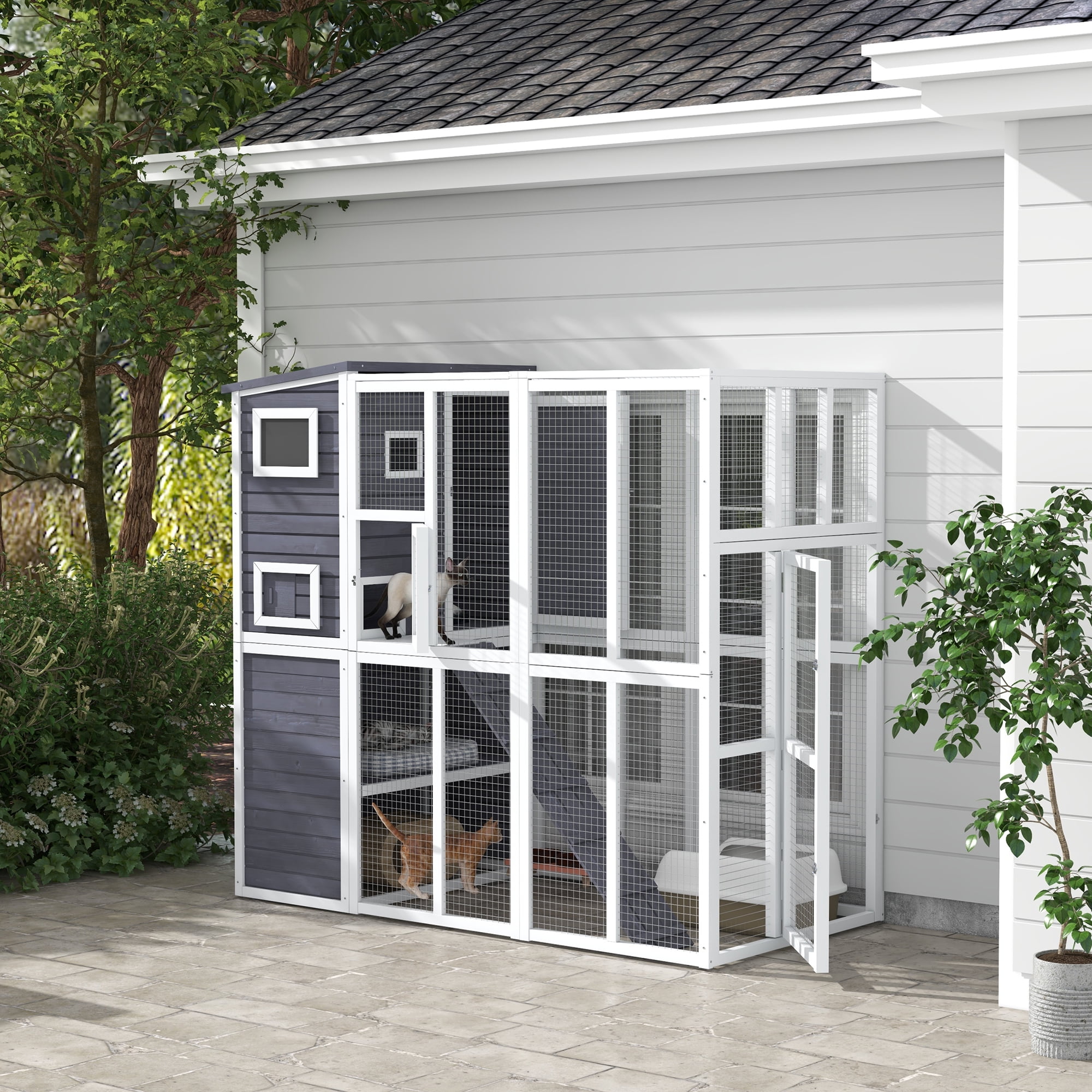 PawHut Wooden Outdoor Catio with Platforms, Asphalt Roof, Ramps, Light ...