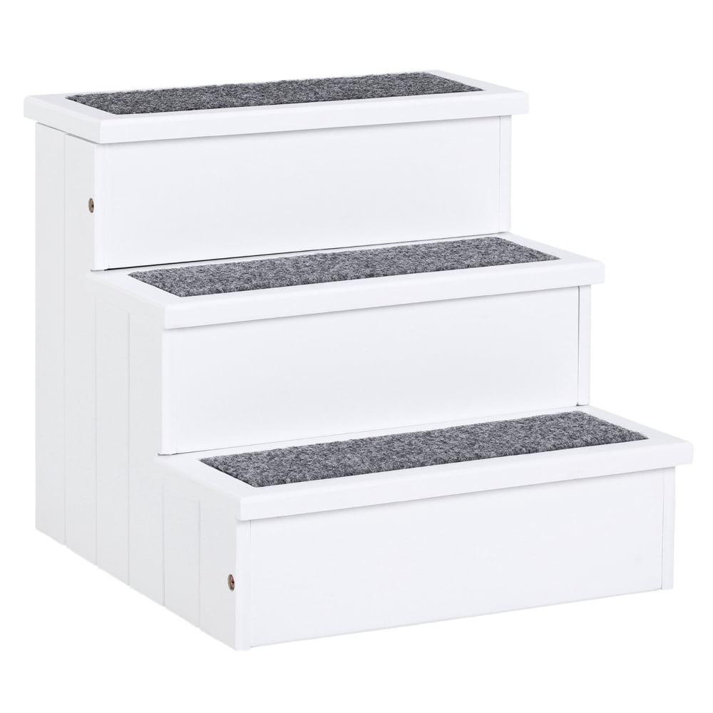 PawHut Wooden Pet Stairs Ramp for Cats Dogs Non-Slip Carpeted White ...