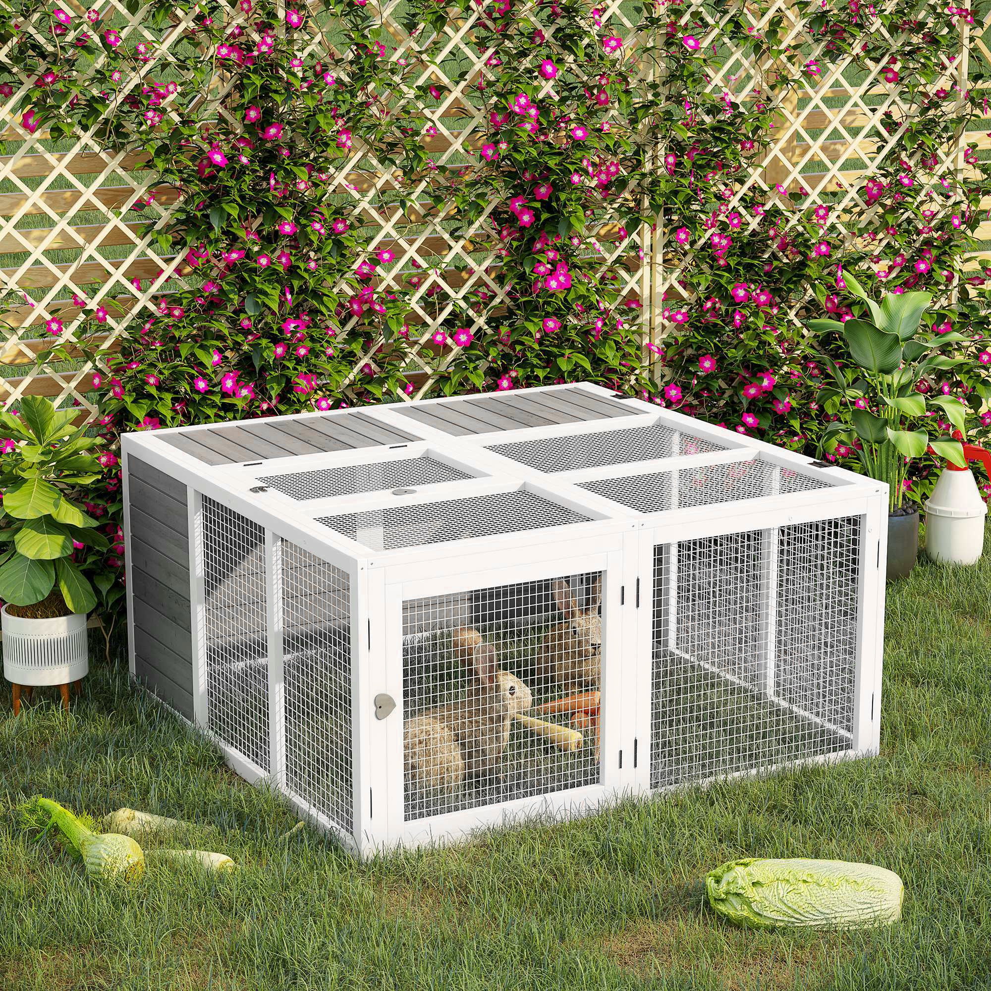PawHut Wooden Rabbit Hutch with Openable Foldable Top for 1-4 Bunnies ...