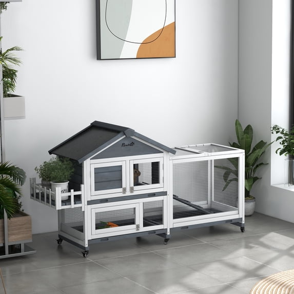 PawHut Wooden Rabbit Hutch with Wheels, Openable Roof, Storage Box ...