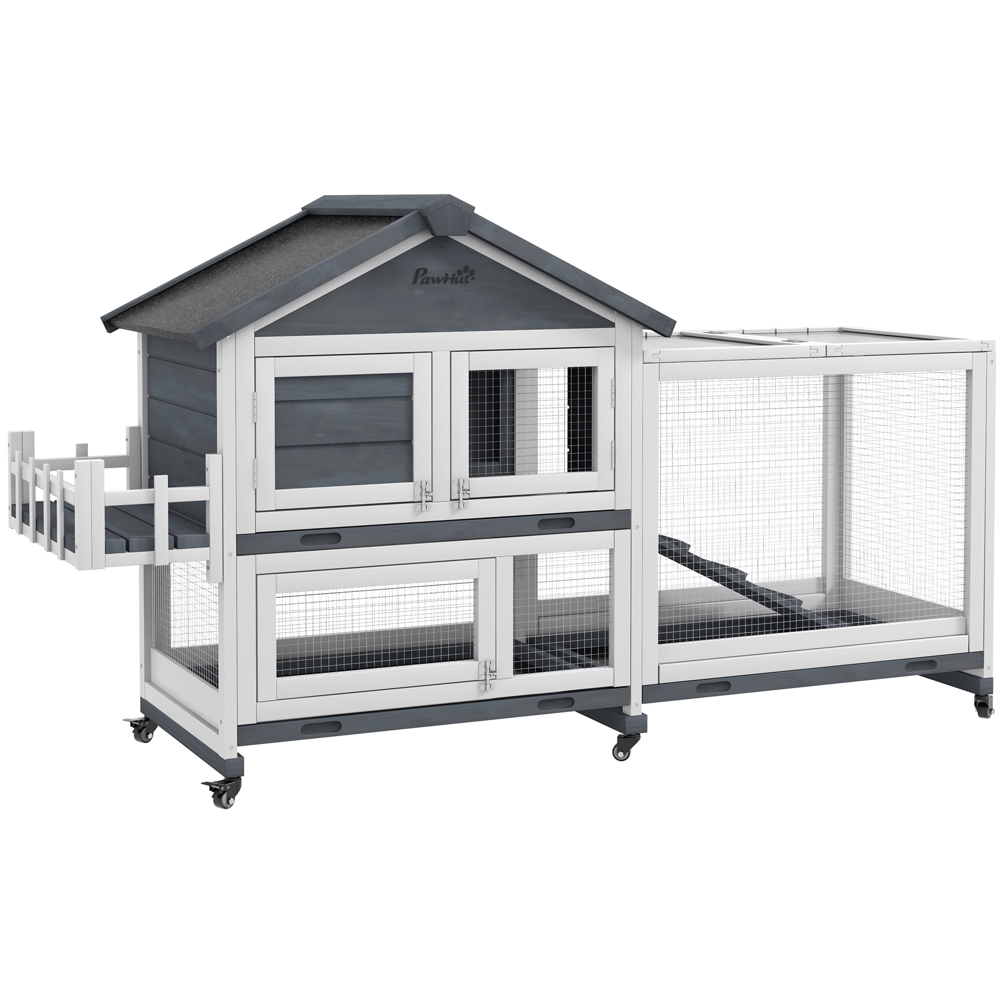 PawHut Wooden Rabbit Hutch with Wheels, Openable Roof, Storage Box ...