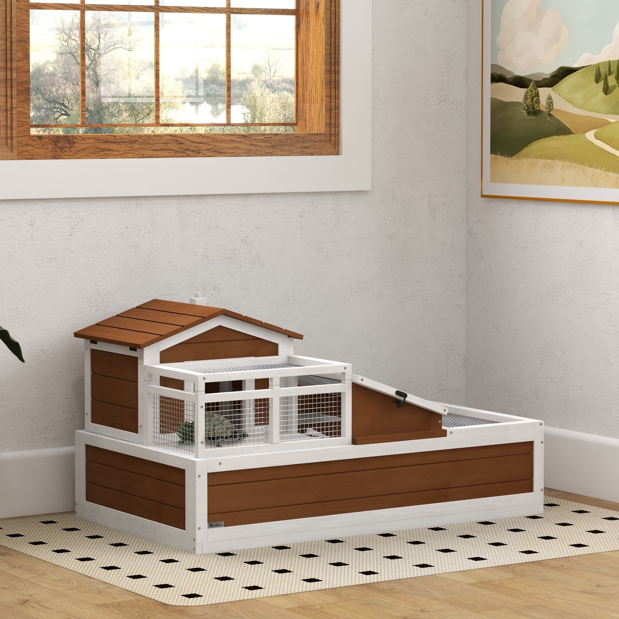 PawHut Wooden Tortoise Habitat, Tortoise Enclosure Reptile Cage w/ Tray ...