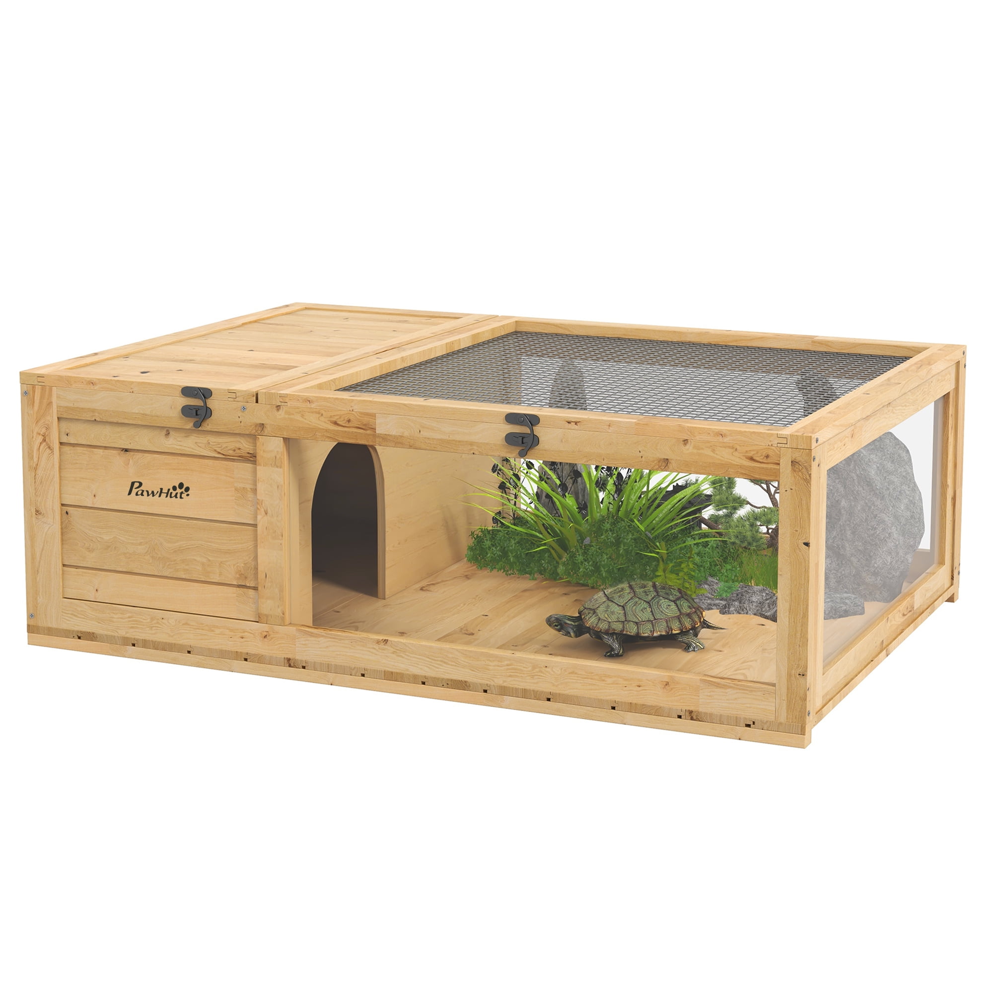 PawHut Wooden Tortoise House Turtle Habitat Enclosure Outdoor Reptile ...