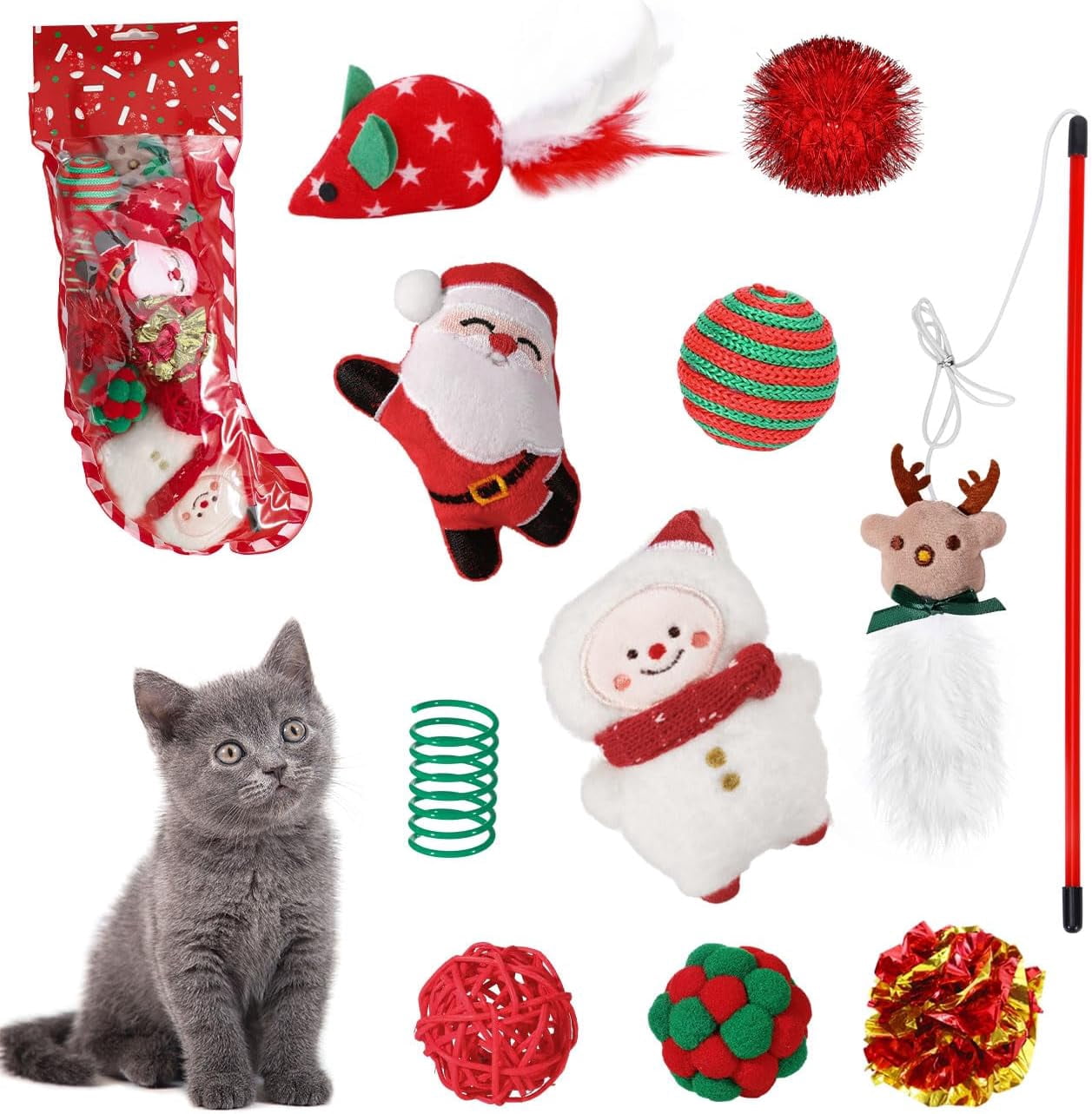 Pawaboo Xmas Kitty Stocking Gift Set, 10-Piece Interactive Cat Toys ...