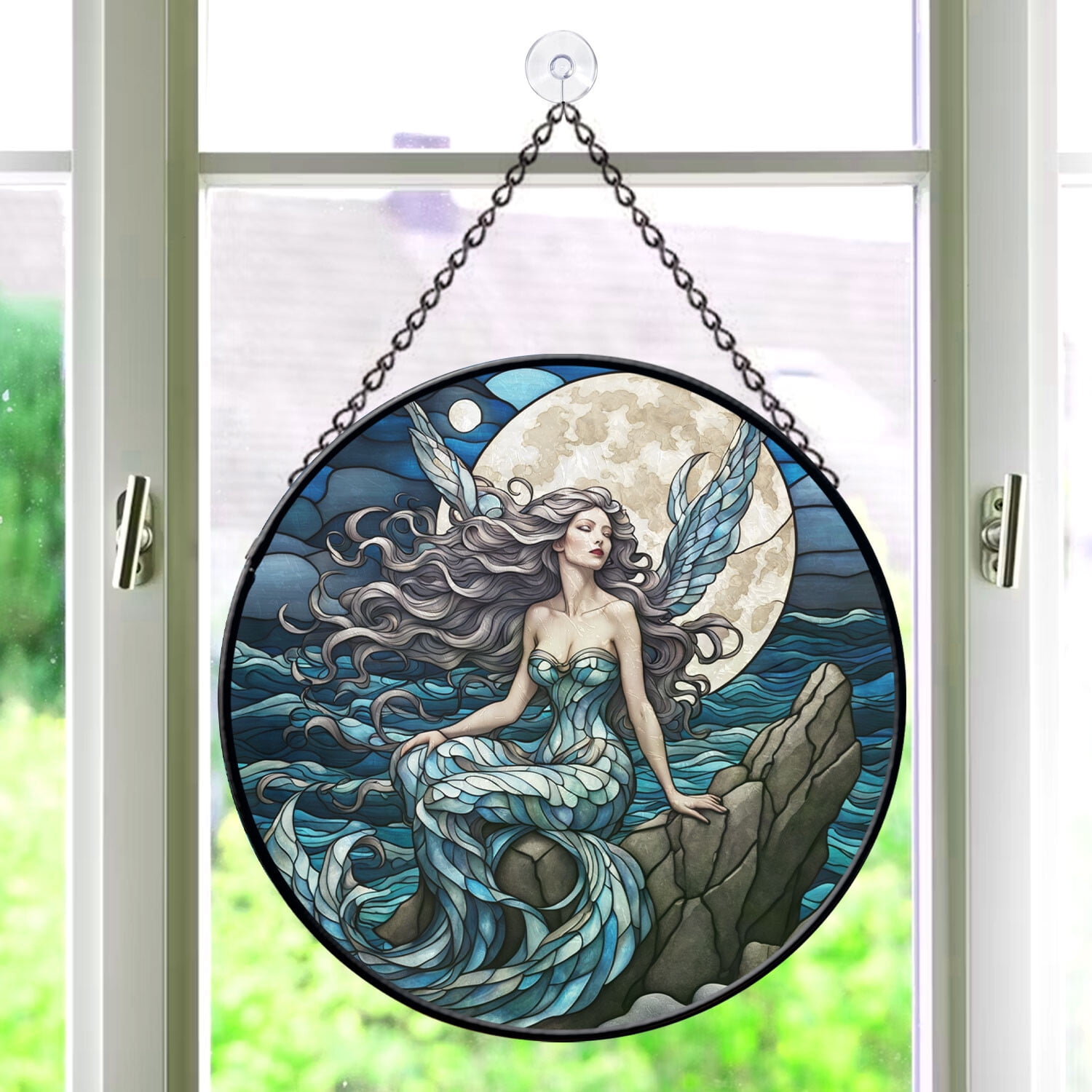 Pawberry Siren Window Hanging Stained Glass, Siren Suncatchers for ...