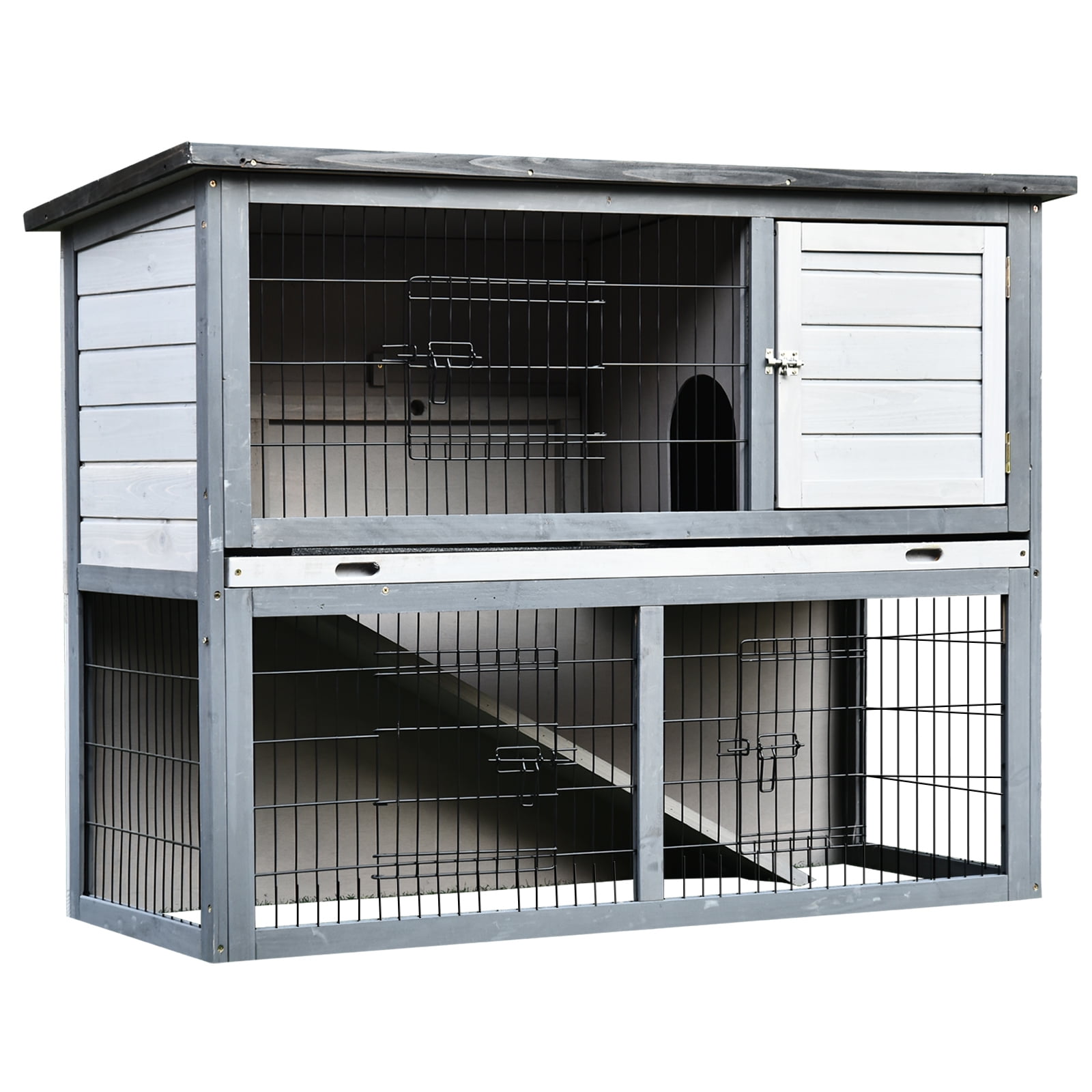 Pawhut 48" L Wooden Rabbit Hutch Pet Playpen 4 Door House Enclosure ...