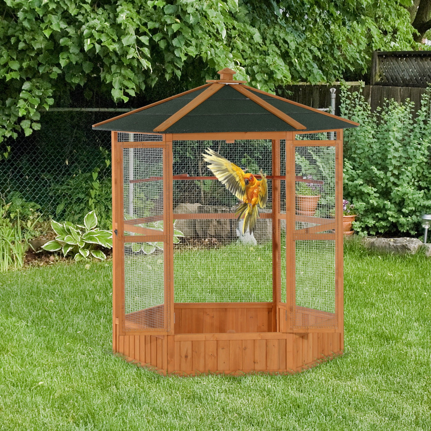 "Pawhut 65"" Large Wooden Outdoor Bird Cage, Hexagonal Flight Aviary ...