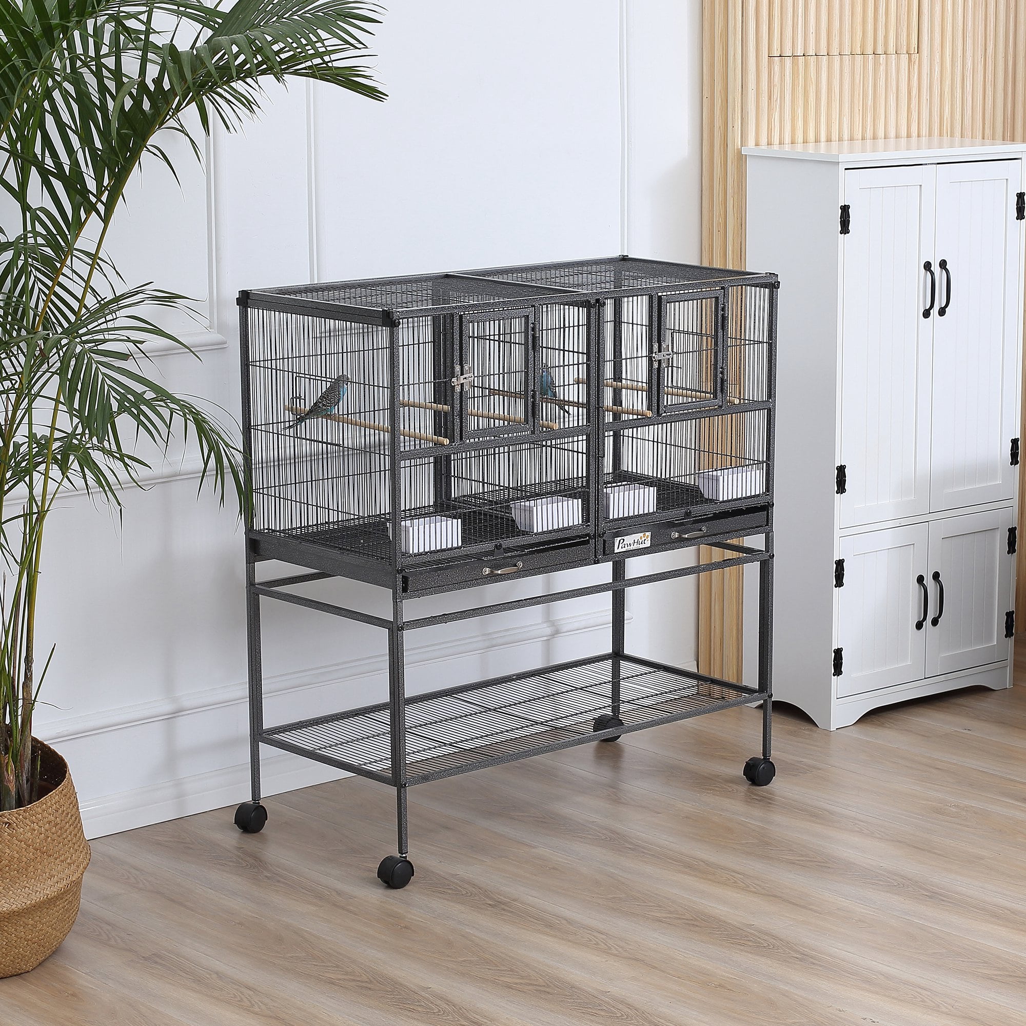Pawhut Large Double Rolling Metal Bird Cage with Divider, Removable ...