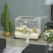 PawHut Small Animal Cage with Wheels, Portable Bunny Cage 2-Tier ...