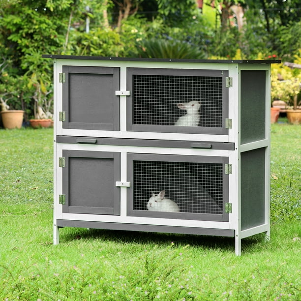 Pawhut Solid Wood Rabbit/Bunny Hutch with 2 Large Main Rooms, Grey ...
