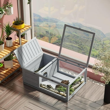 PawHut Wooden Tortoise Habitat, Tortoise Enclosure Reptile Cage w/ Tray ...