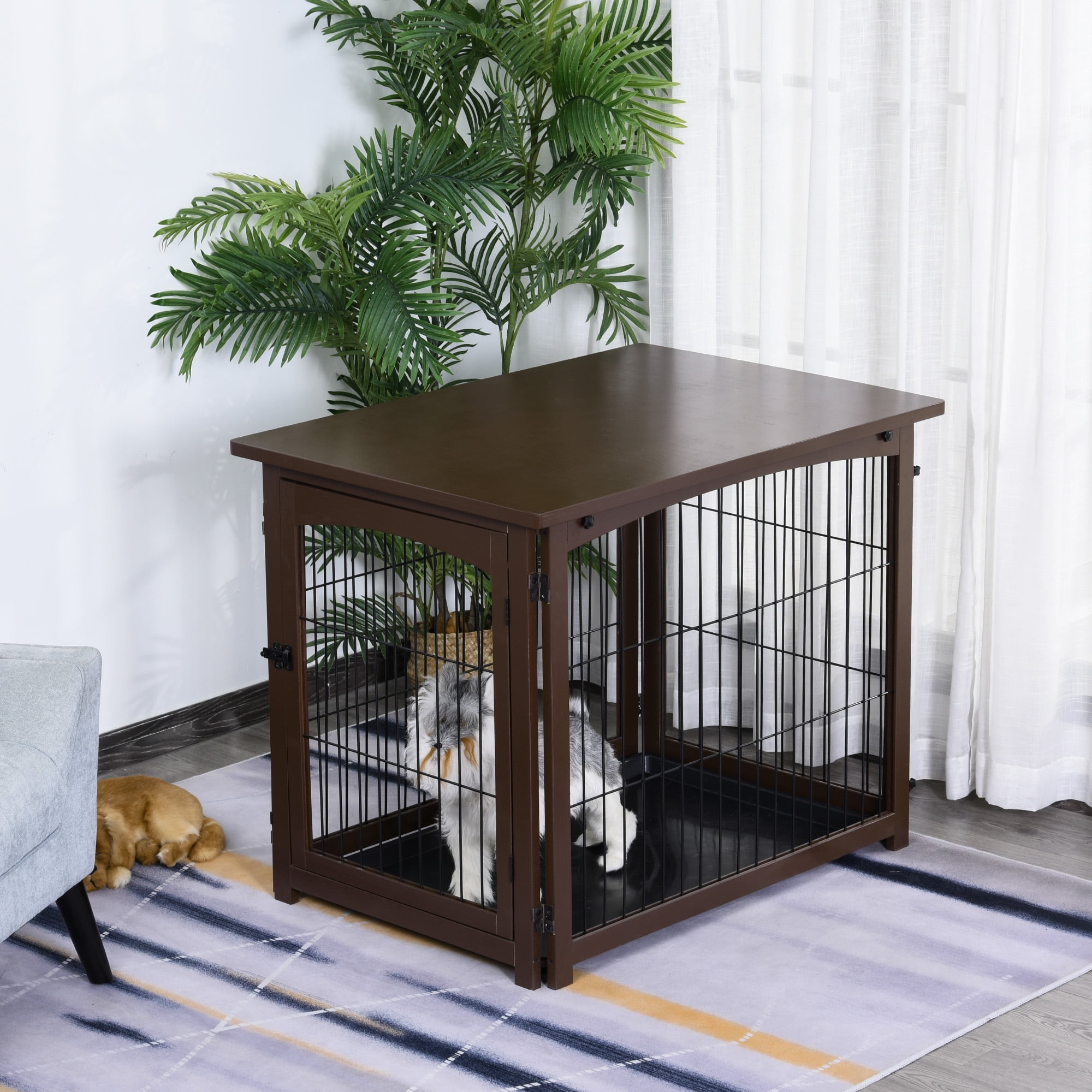 PawHut Wooden Decorative Dog Cage Pet Crate with Fence Side Table Small ...