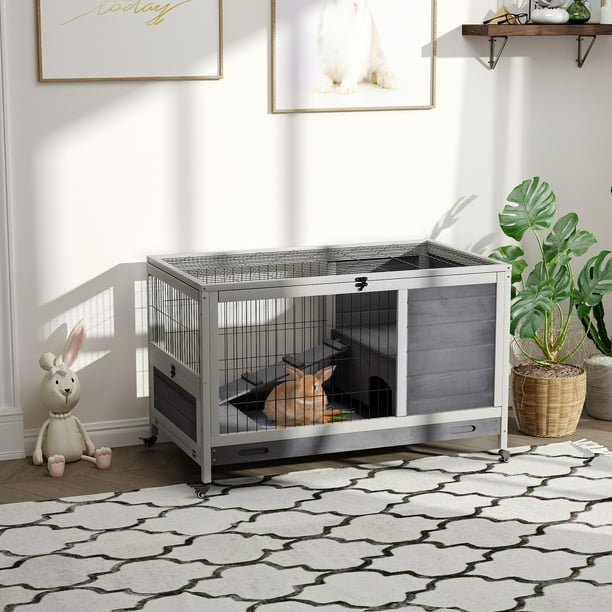 Pawhut Large Indoor Rabbit Hutch with Raised Cage, Enclosed Run, Wheels ...