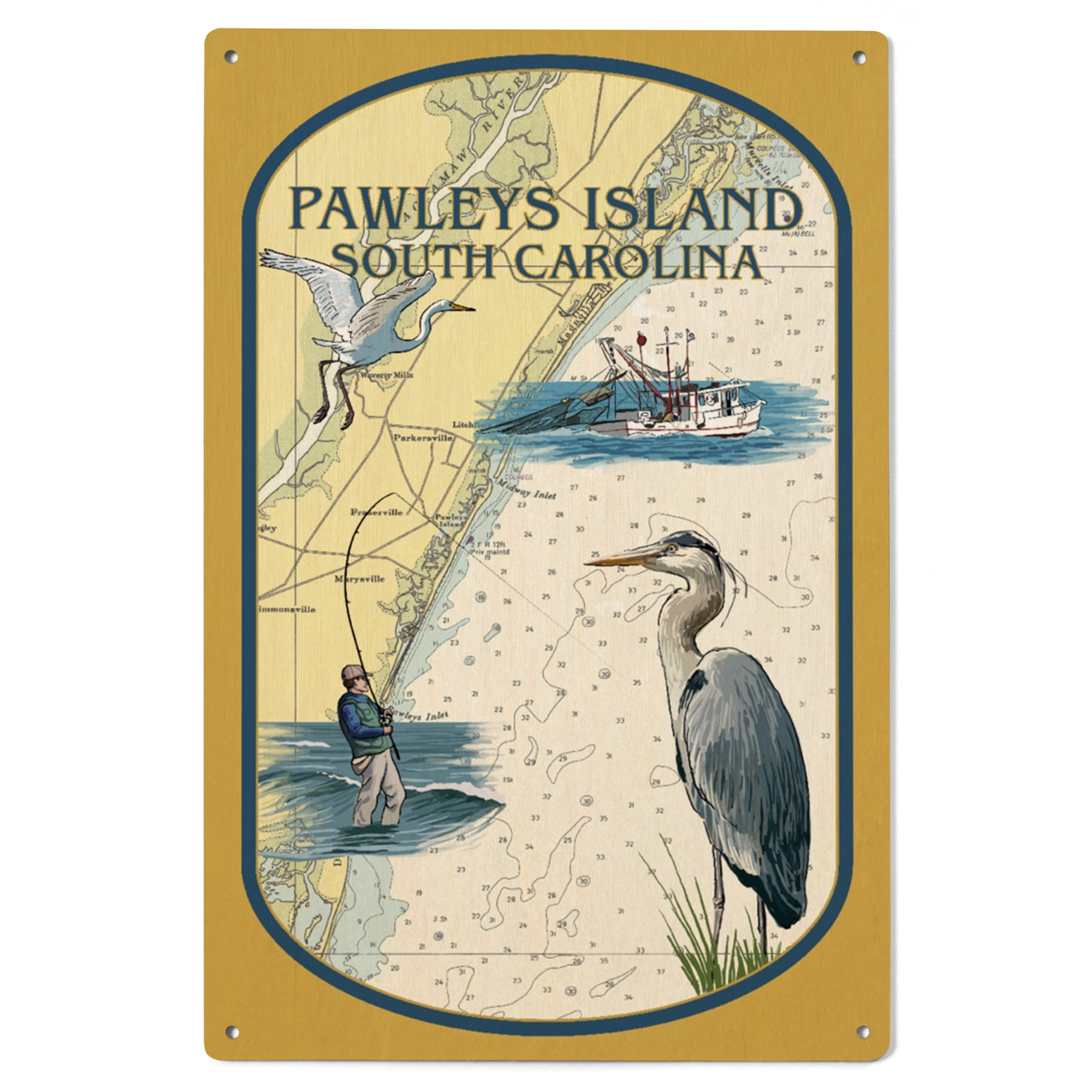 Pawleys Island, South Carolina, Nautical Chart, Contour Birch Wood Wall ...