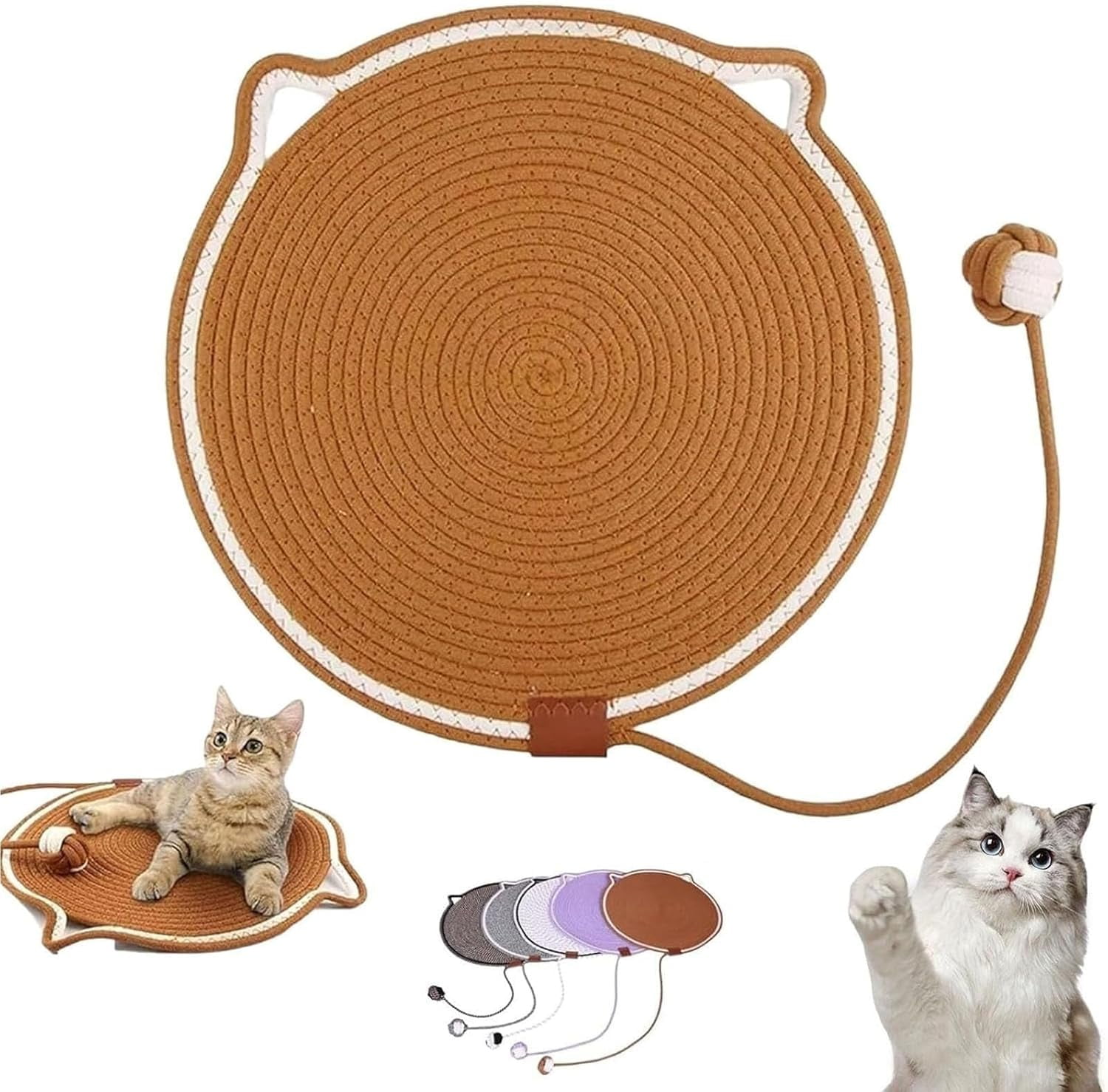 Pawmingle Cat Scratching Carpet Mat with Ball Toy – Natural Cotton Rope ...