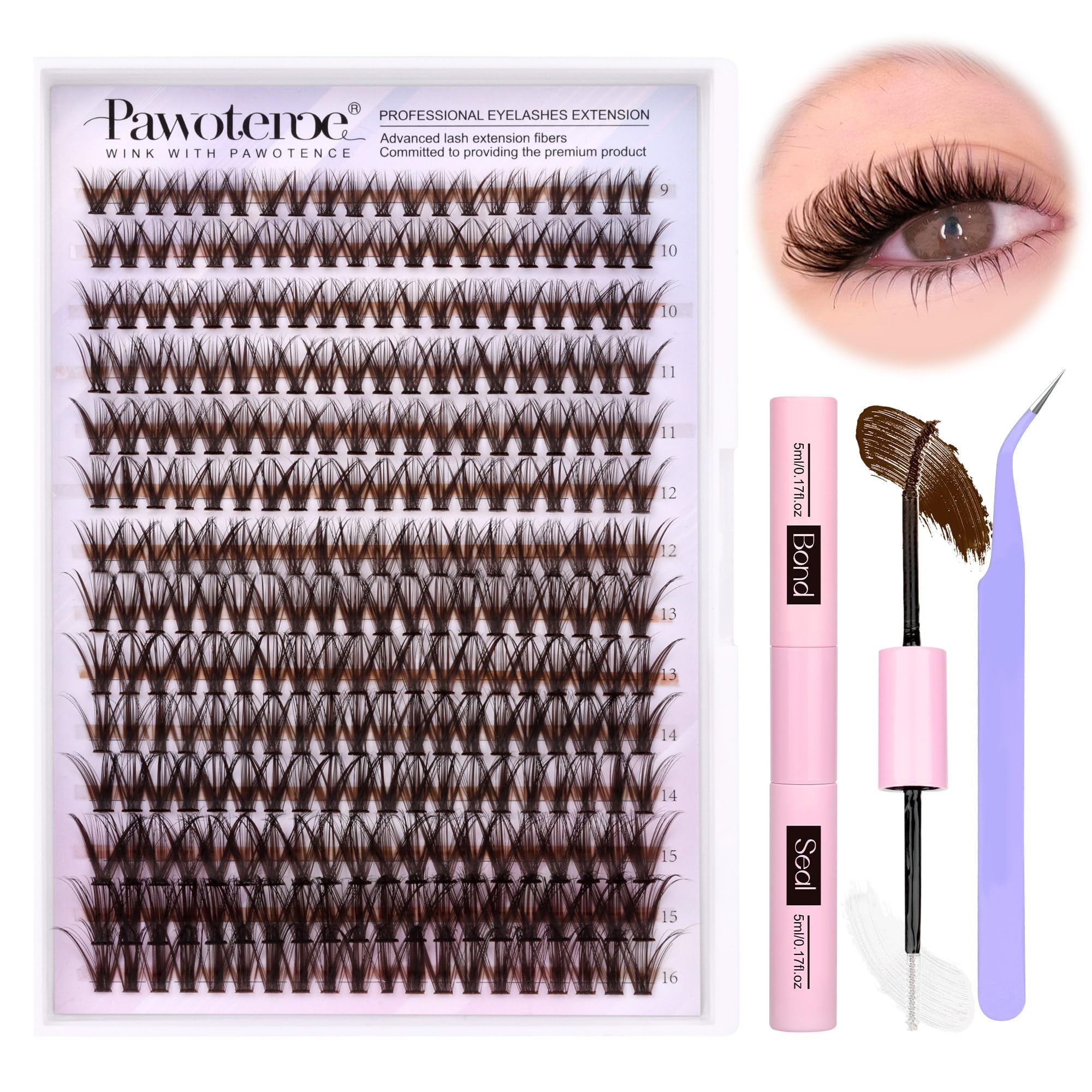 Pawotence Lash Extension Kit DIY 280pcs Brown Lash Clusters Eyelash Extension Kit 40D Curl 9 ...