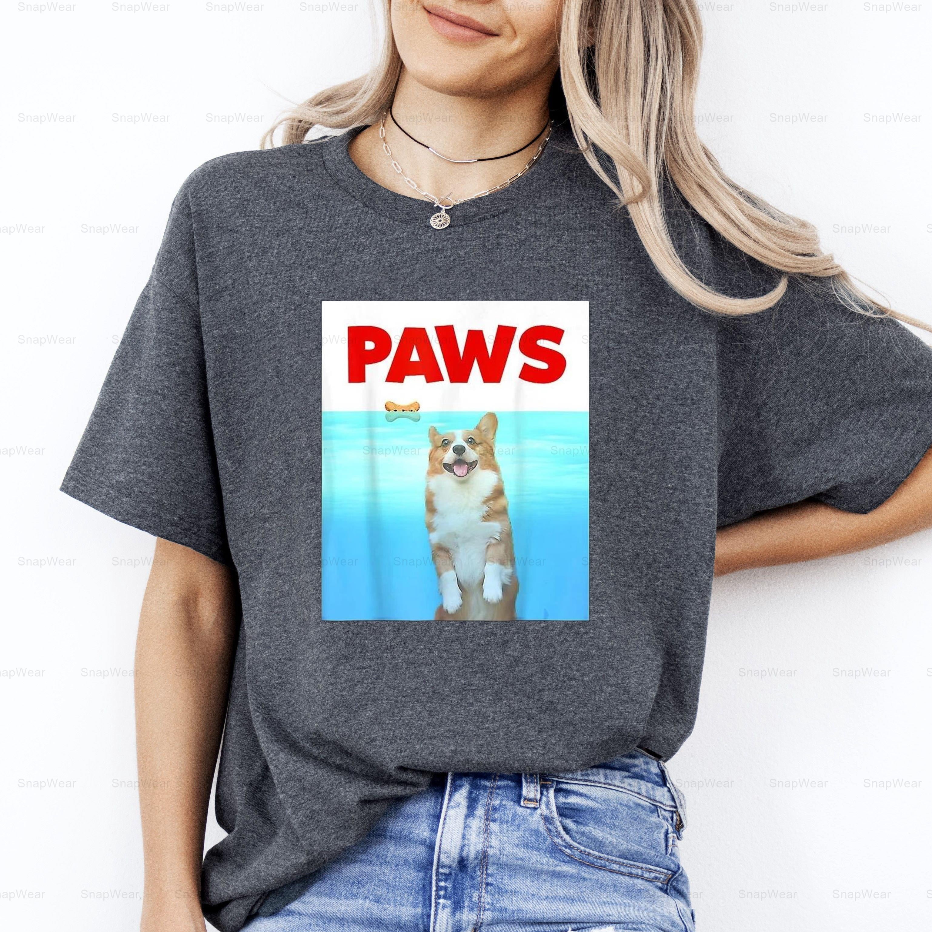 Paws Dog Parody 80s Corgi Shark Funny Dog Jaws Movie Spoof Cute T-Shirt ...