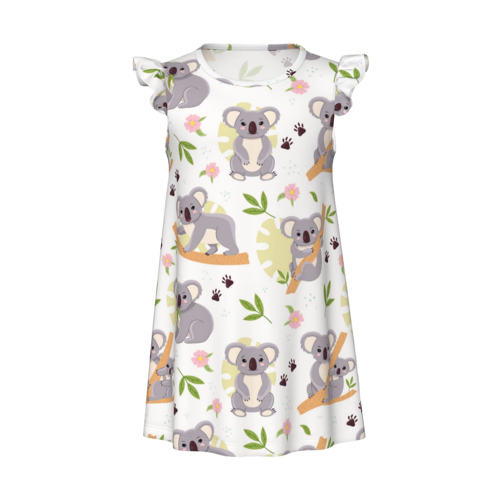 Paws Flowers Leaf Koala Girls Nightgowns, Short Sleeves Princess Dress ...