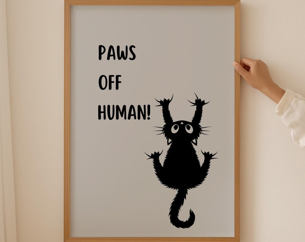 Paws Off Human Black Cat Portrait, Funny Cat Meme Grey Posters, Black ...