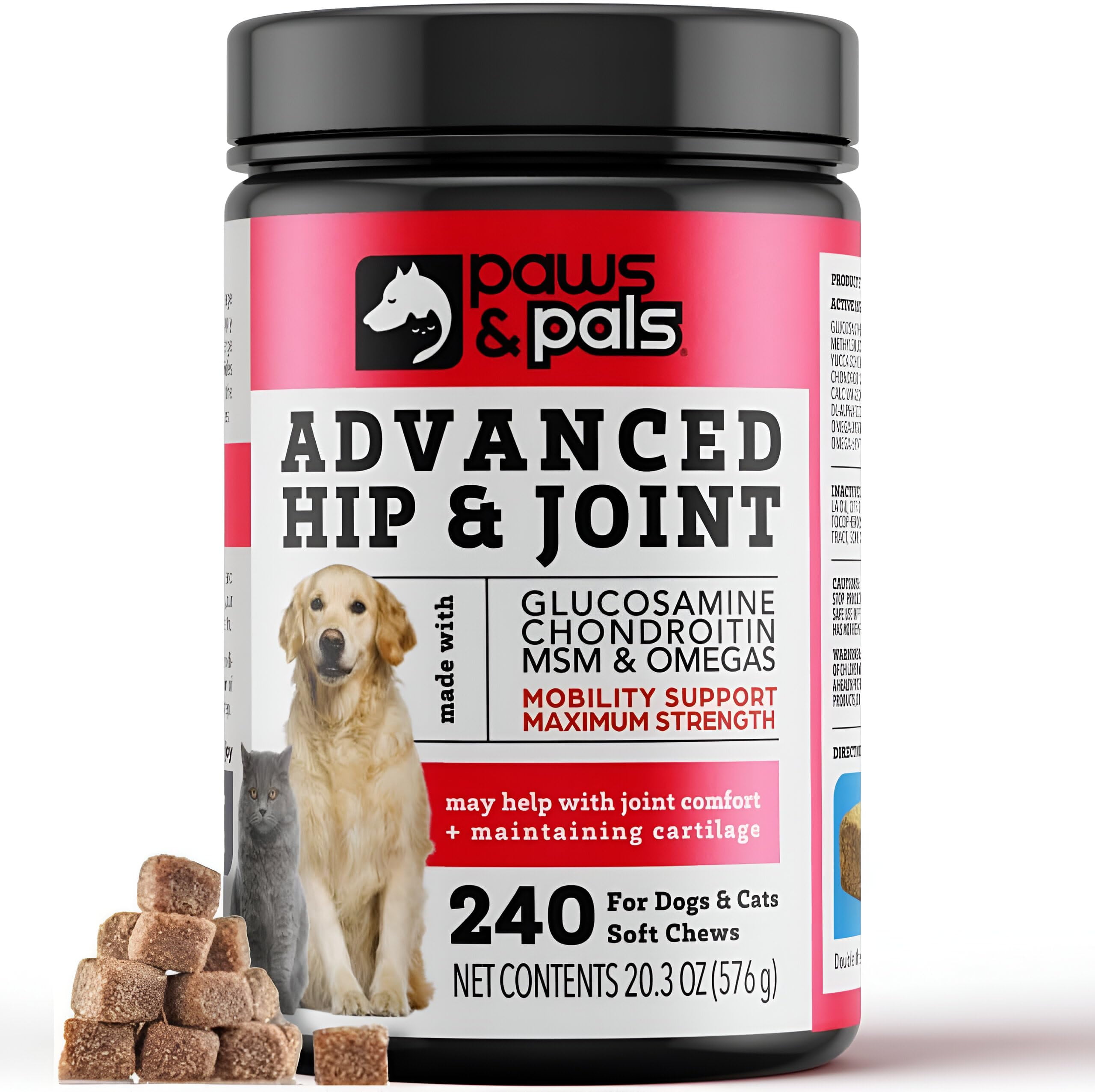 Paws & Pals Glucosamine Chondroitin MSM for dogs 240 Hip and Joint Mobility Soft Chews ...