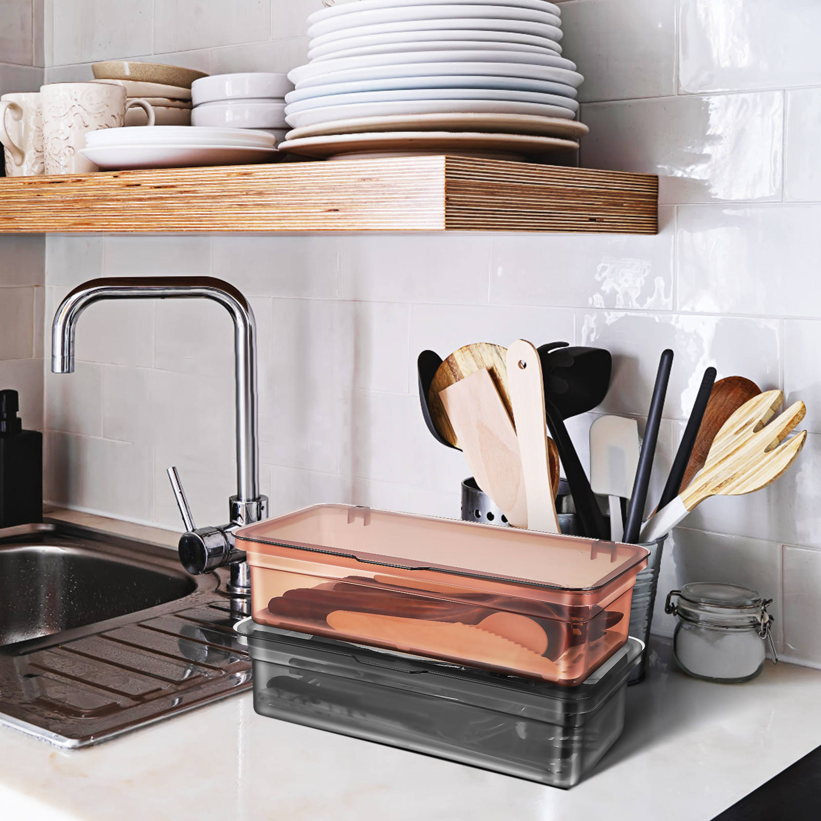 Pawsdot Plastic Silverware Organizer with Lid for Kitchen Countertop ...