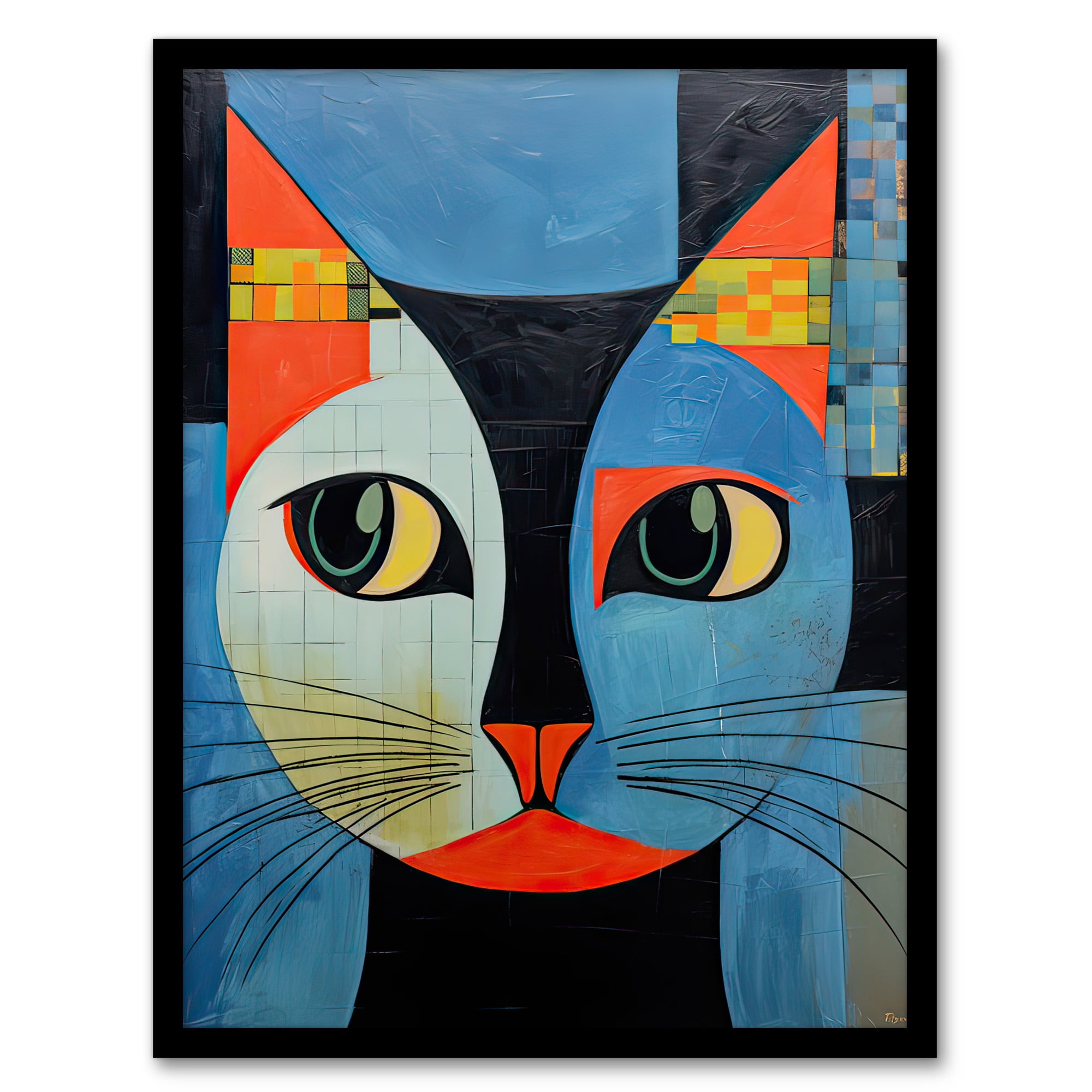 Pawsitive Vibes Only Blue Orange Abstract Cat Artwork Framed Wall Art ...