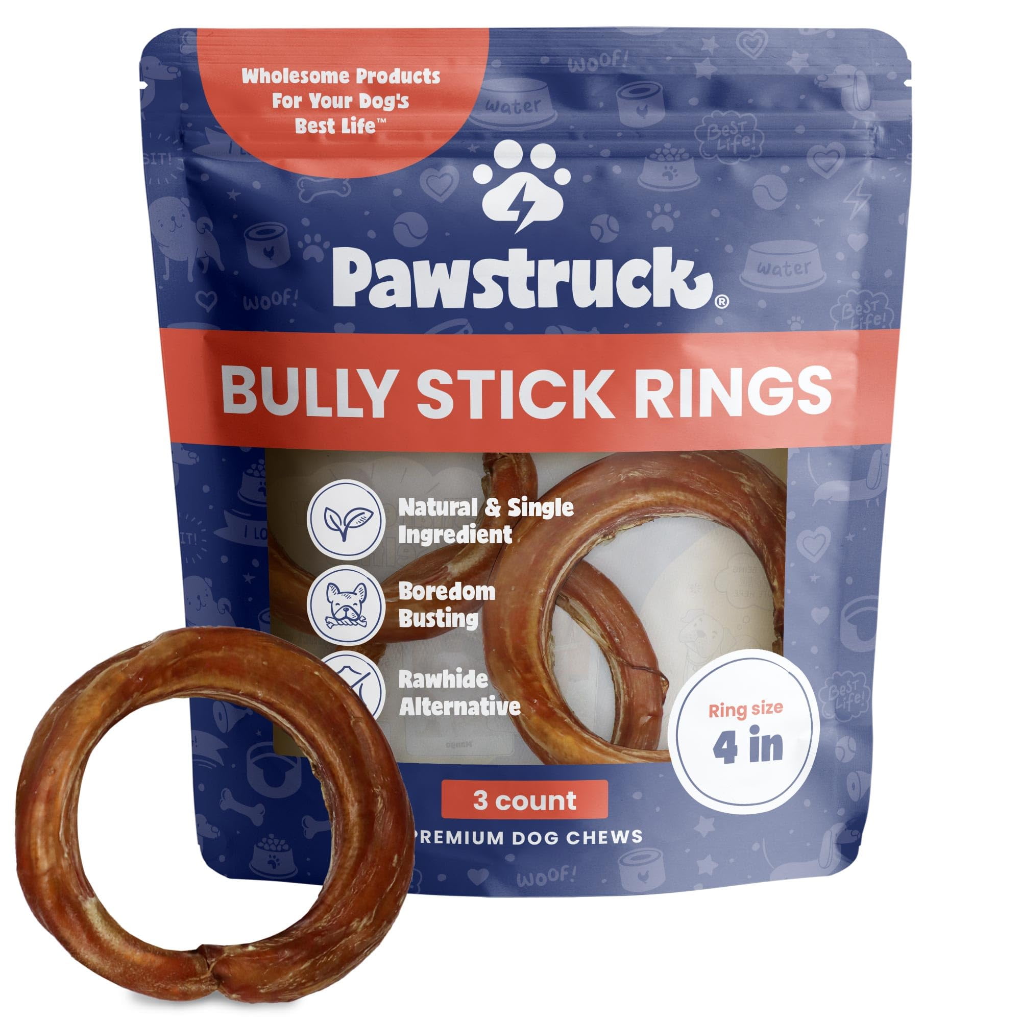 Pawstruck All-Natural 4" Bully Stick Rings for Dogs - Rawhide-Free, 100 ...
