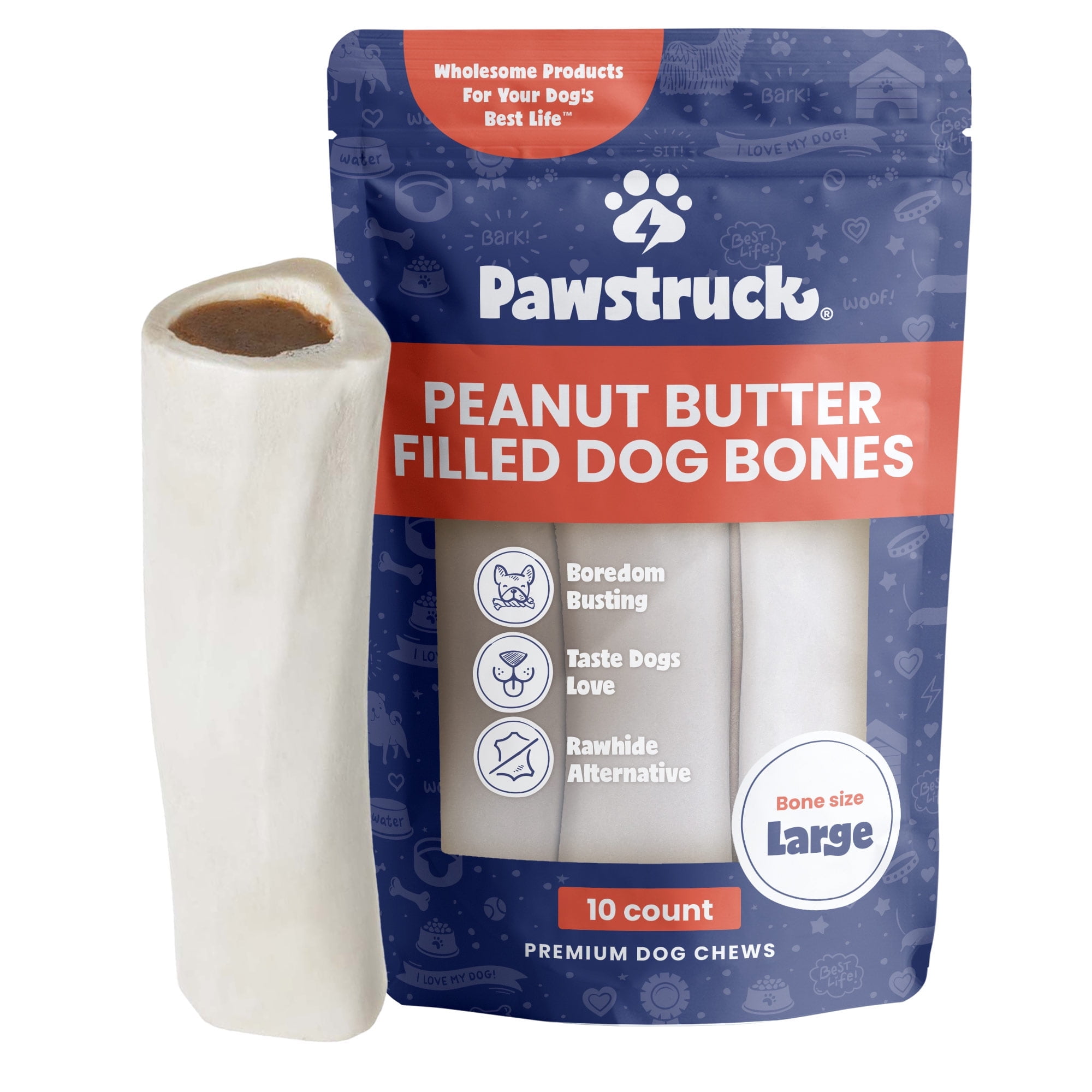 Pawstruck Large 5-6" Filled Dog Bones, Peanut Butter Flavor - Made in ...