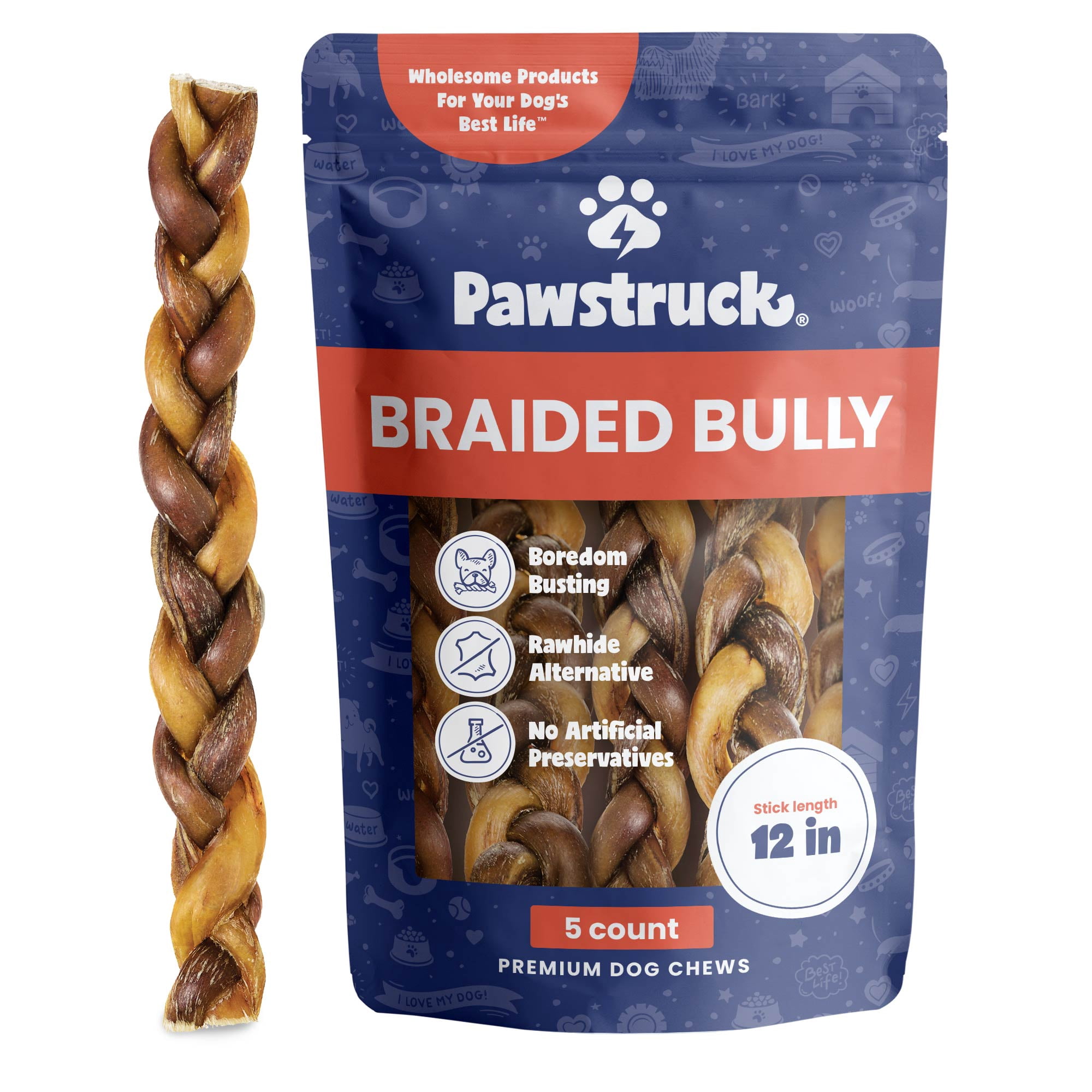 Pawstruck, Natural Braided Bully Stick Chews for Dogs, 12", 5 Count ...