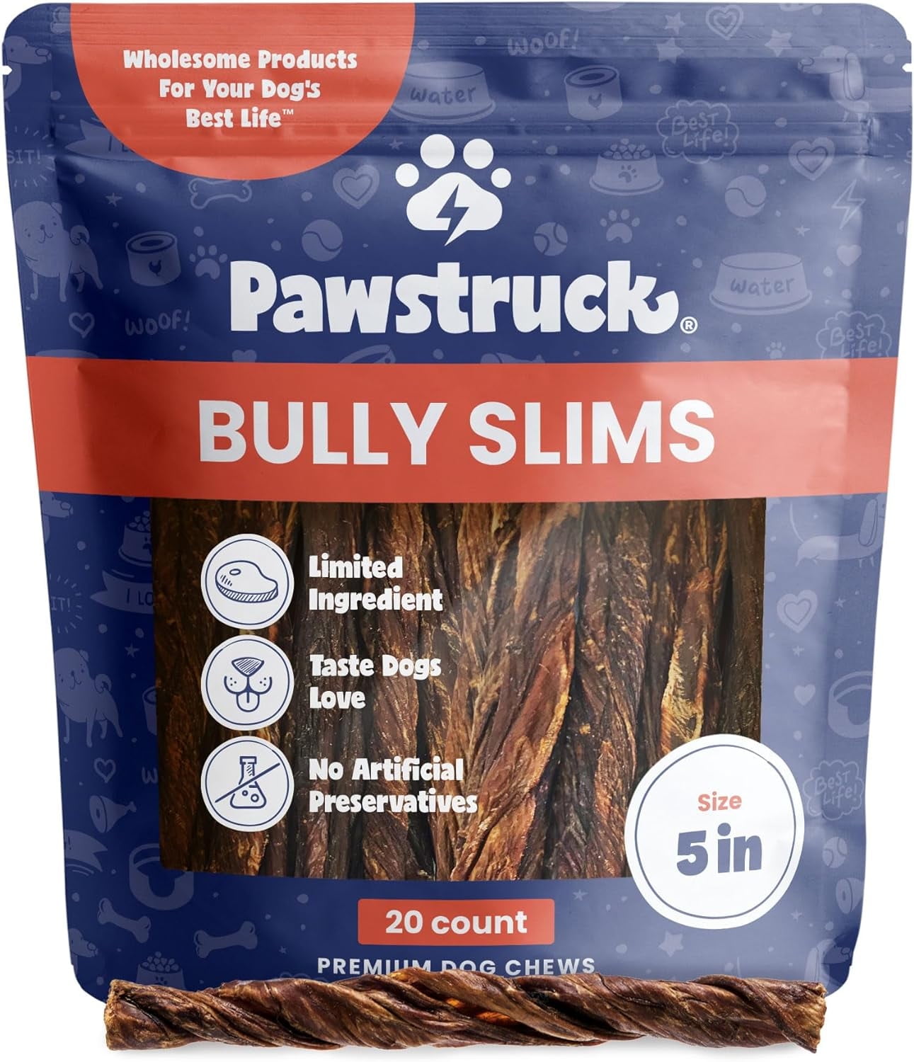 Pawstruck Natural 5” Beef Bully Slims Junior Gullet Chew Sticks for ...
