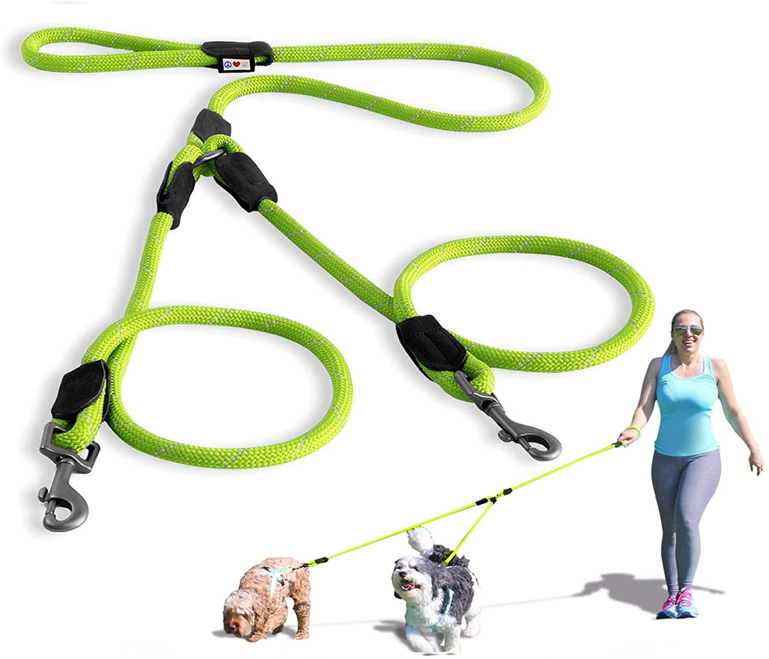 Pawtitas Two Dog Leash 6 ft Reflective Pet Rope Green Dog Leash for 2 ...