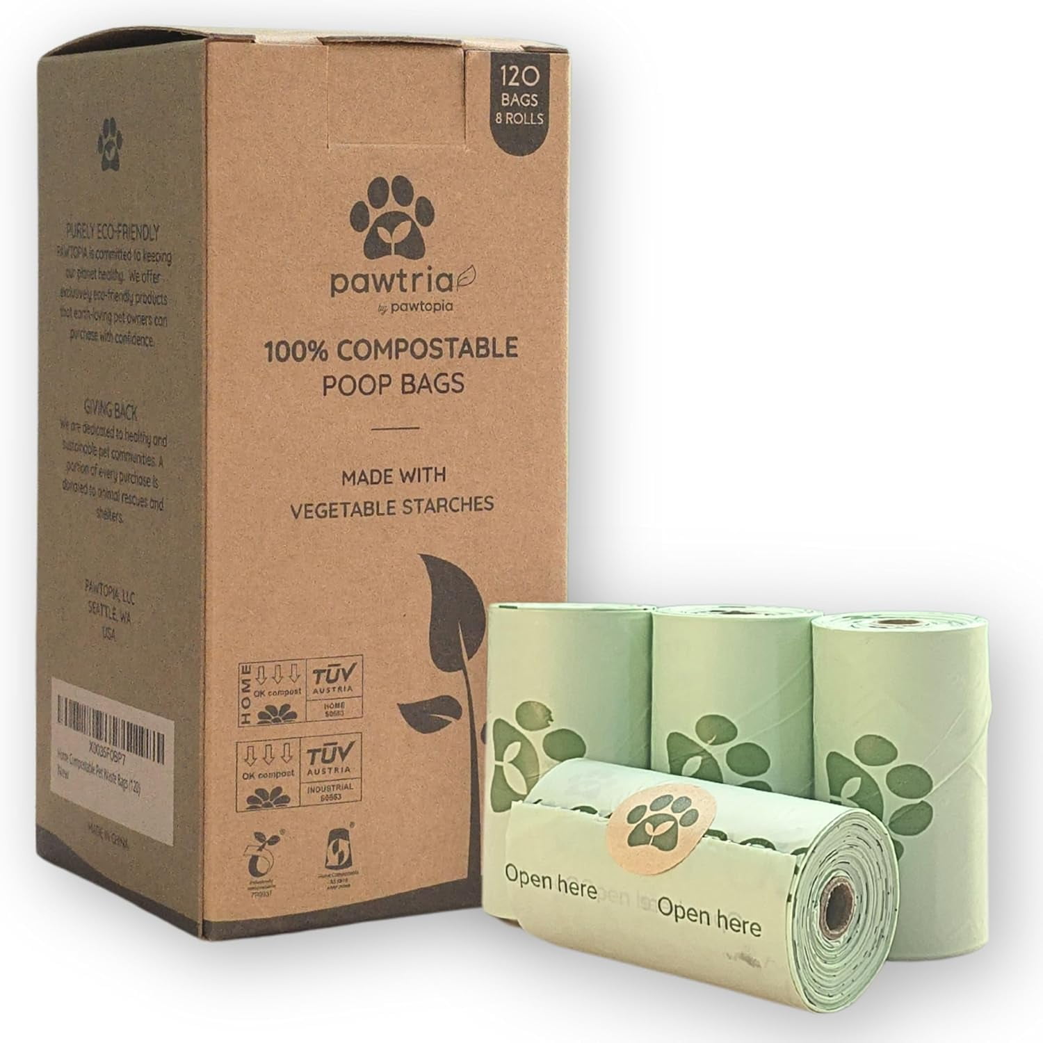 Pawtria Certified Home Compostable Dog Poop Bags (120), Poop Bags for ...