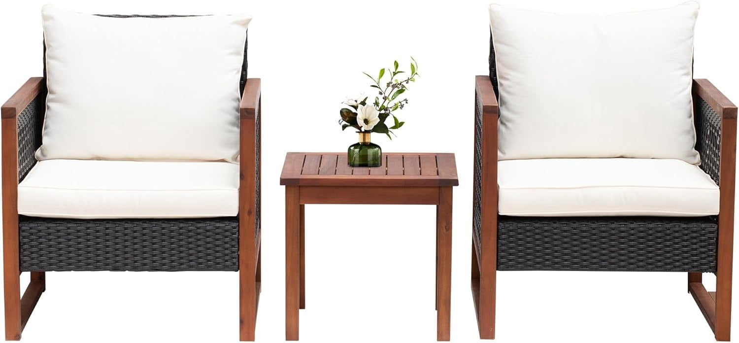 PayLessHere, 3 Pieces Patio Set, Acacia Wood, Water-Resistant Cushions ...