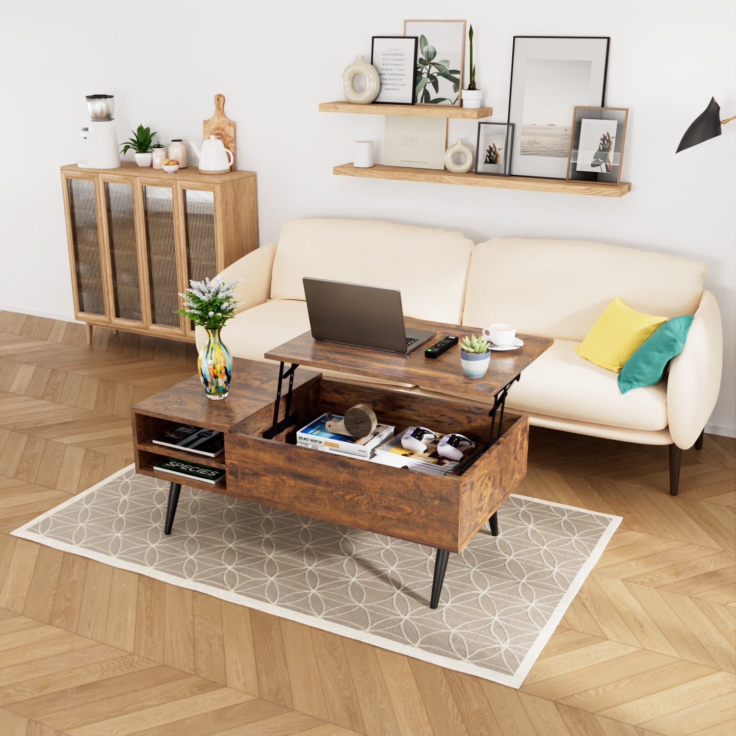 PayLessHere Lift Top Table with Adjustable Storage, Hidden Compartment ...