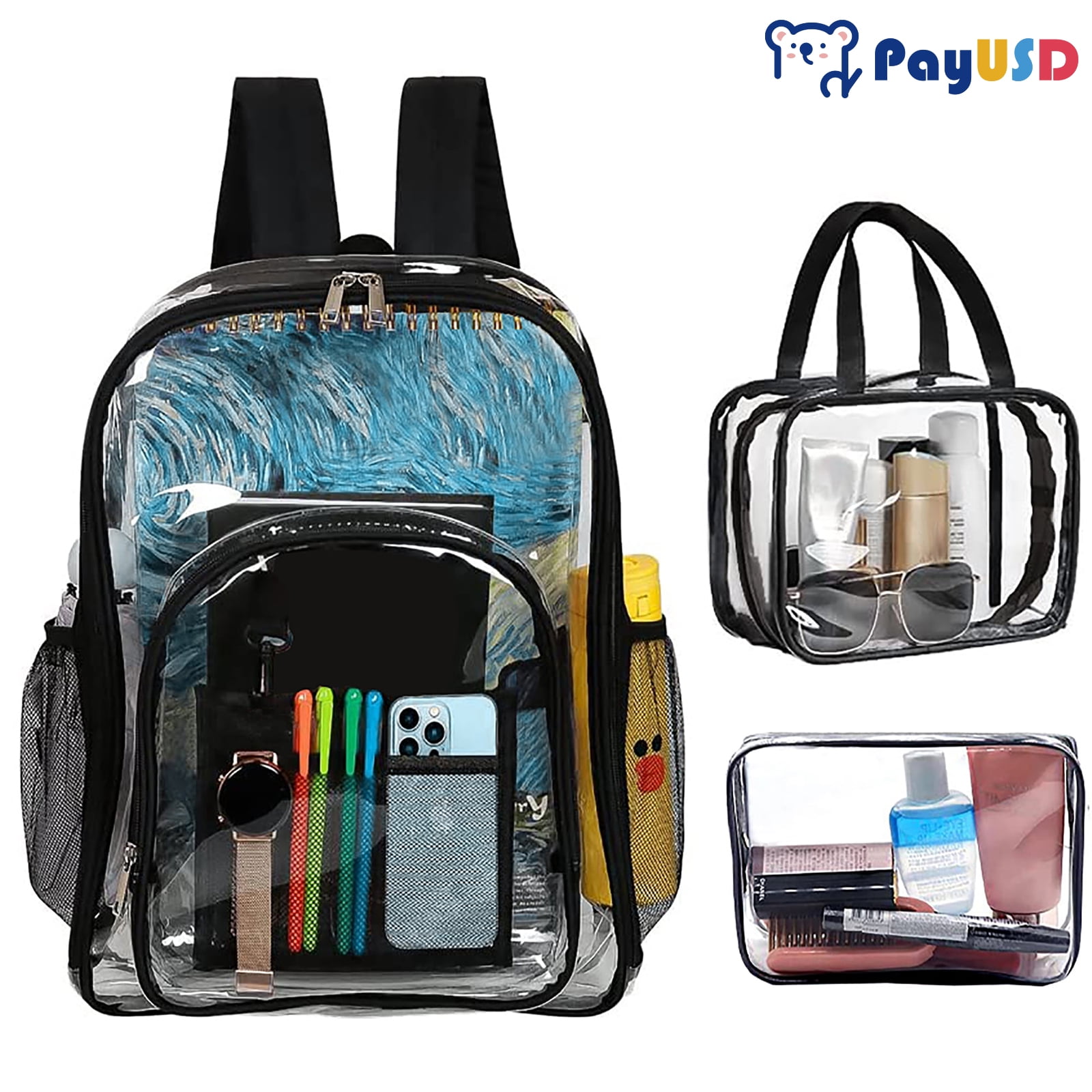 PayUSD Clear Backpack Set, Heavy Duty PVC, Waterproof with Mesh Side ...