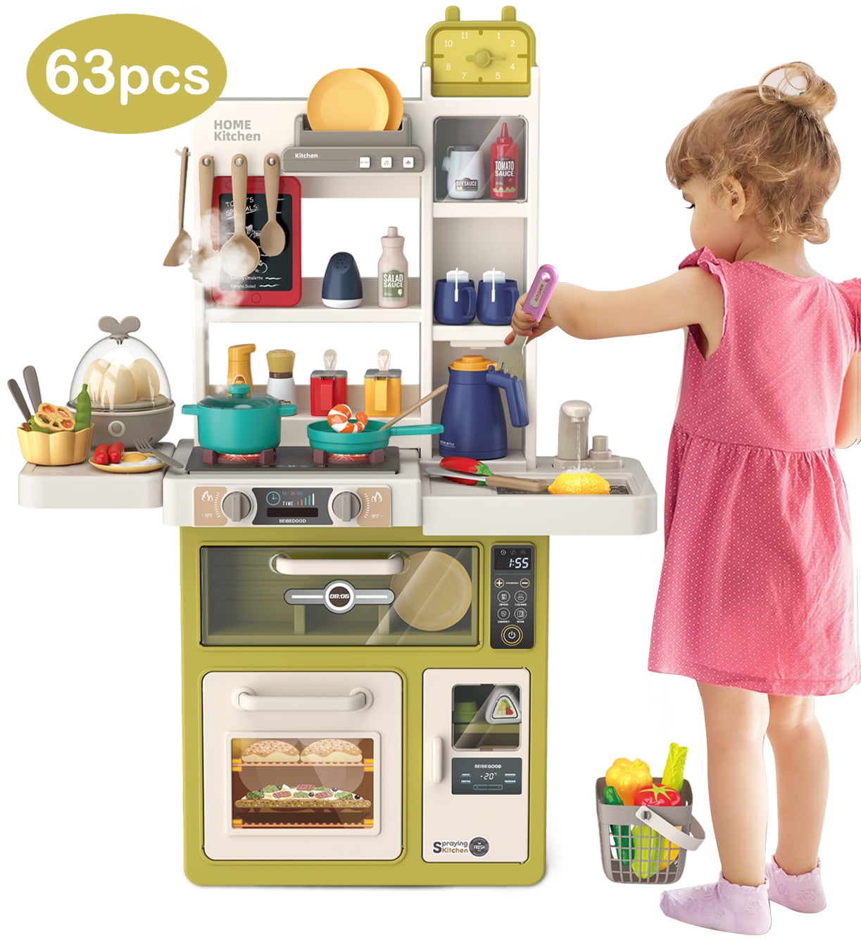 PayUSD Play Kitchen Set for Kids, 63 PCS 33Inch Pretend Play Food Toys ...