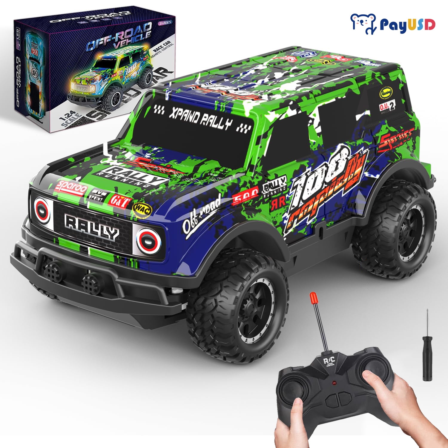 PayUSD 1/24 Scale Light-Up RC Car for Kids - Indoor/Outdoor Toy - Green ...