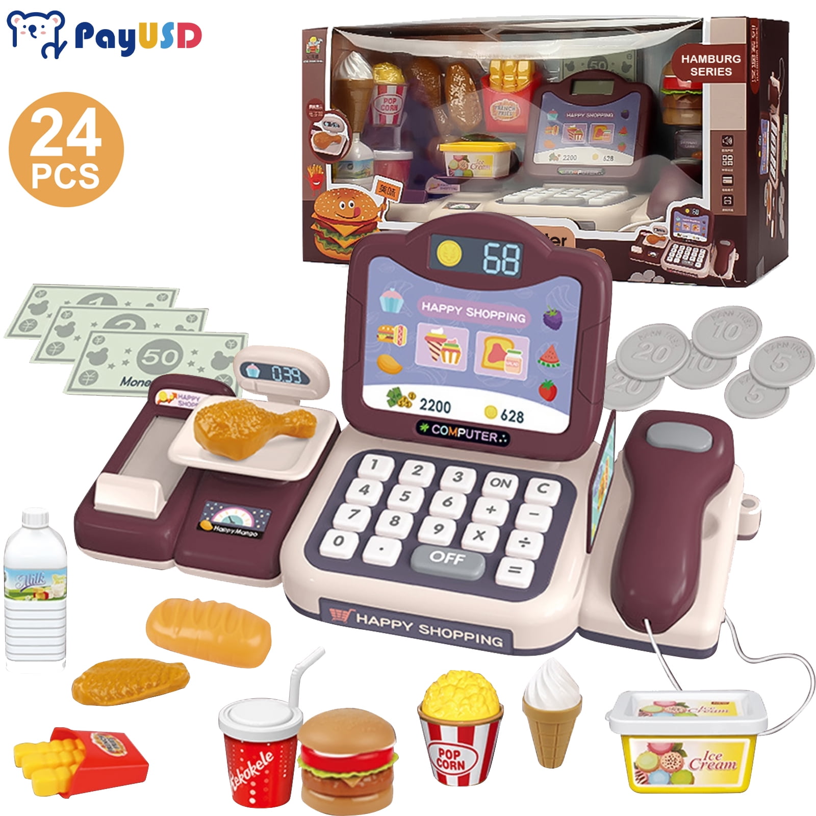 PayUSD Kids Toy Cash Register with Scanner, Play Money, Calculator ...