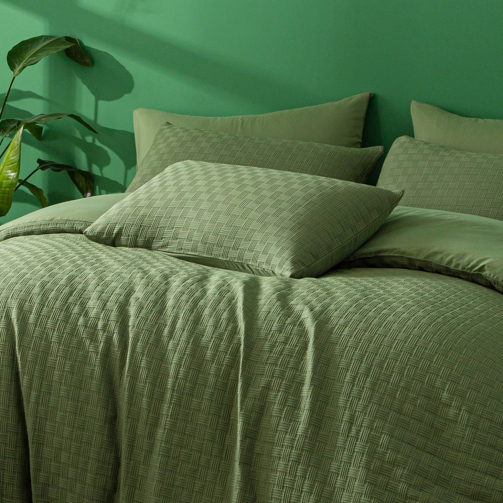 Payda 3PC Microfiber Knitted Jacquard Waffle Weave Striped Comforter for All Season （Green，Queen ...