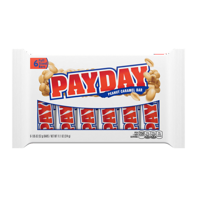 Payday Individually Wrapped Peanut Caramel Candy Bars, 1.85 oz, 6 Count ...
