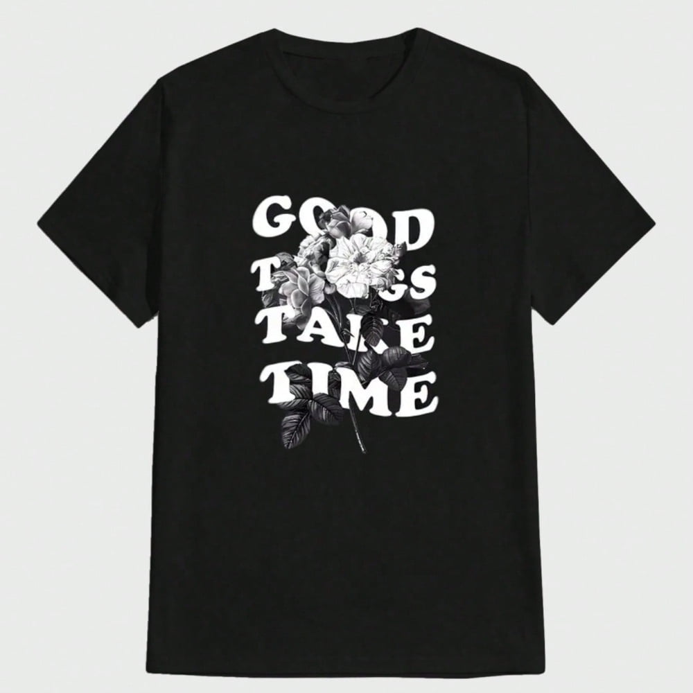 Payeah Slogans Flower Letter Casual Digital Print Pure Heavy Cotton T ...