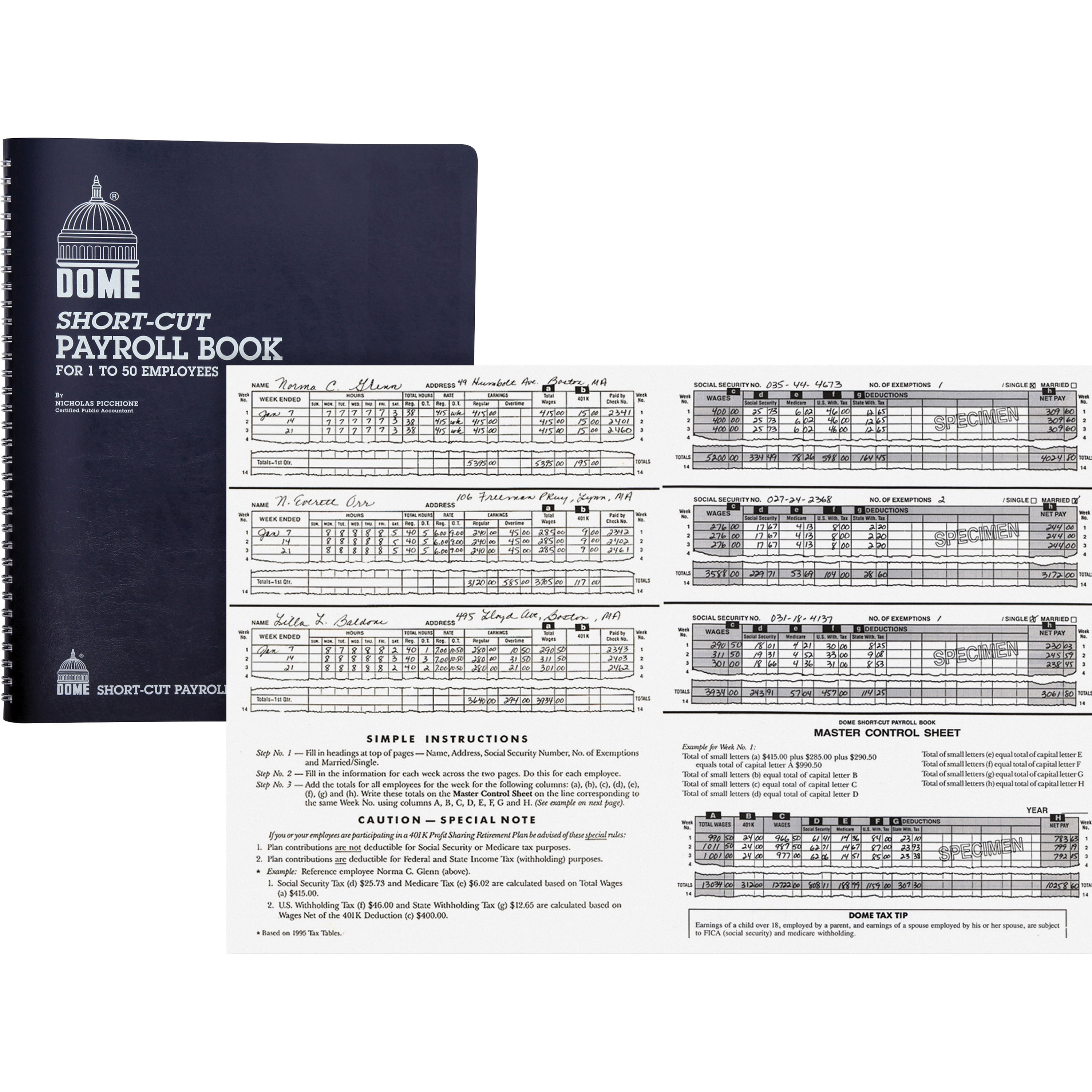 Dome Payroll Record Book, Single Entry System, Blue Vinyl Cover, 8 3/4 ...