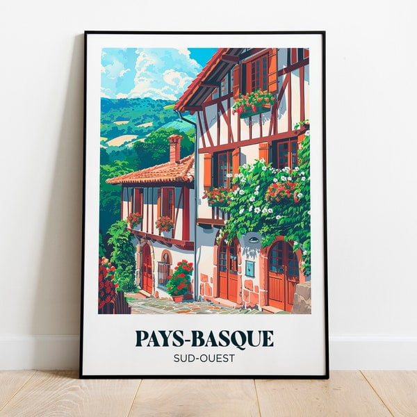 Pays Basque Travel Poster,Pays Basque Wall Art Print,Lake Illustration ...