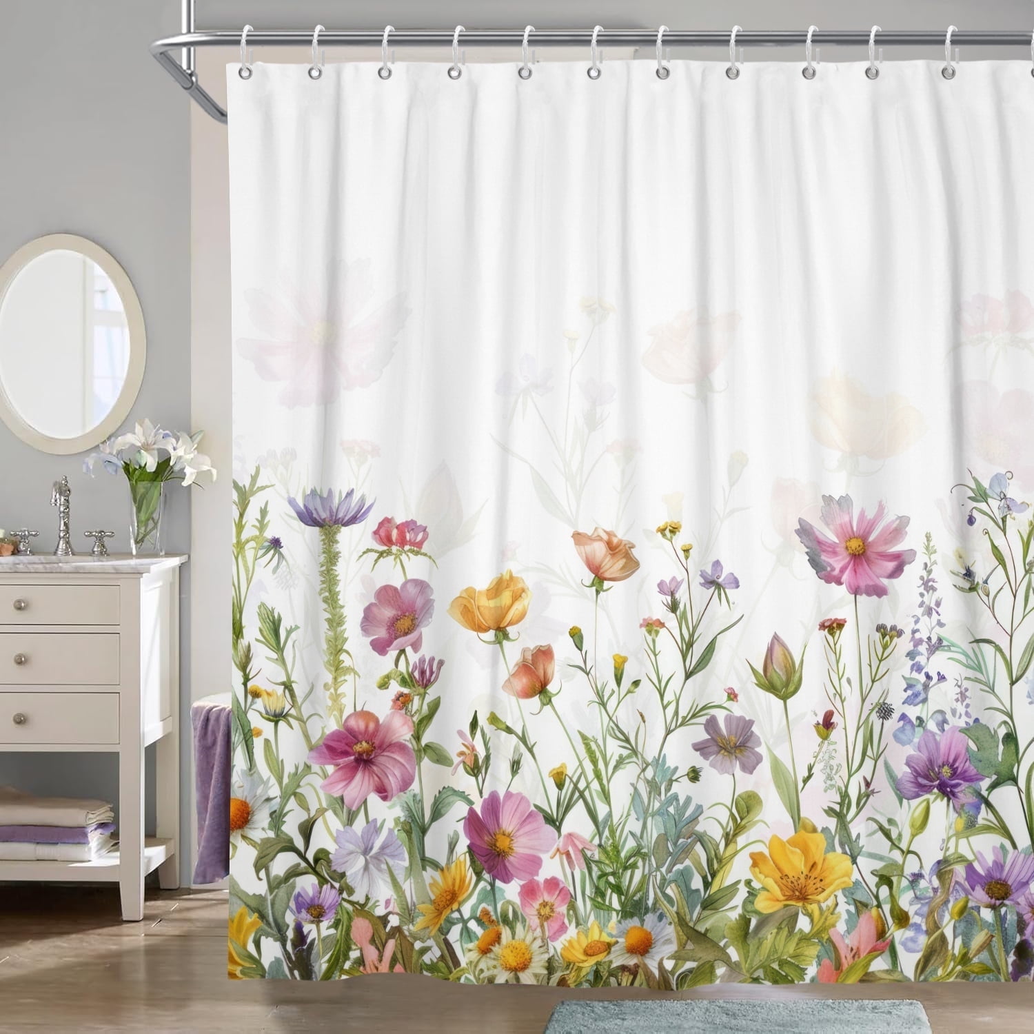 Pbobriich Floral Shower Curtains Watercolor Polyester Shower Curtain ...