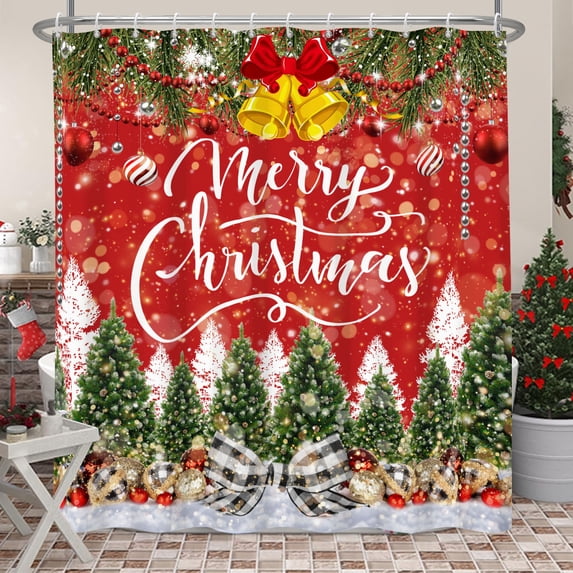 Pbobriich Merry Christmas Shower Curtain, Red Background with Golden ...