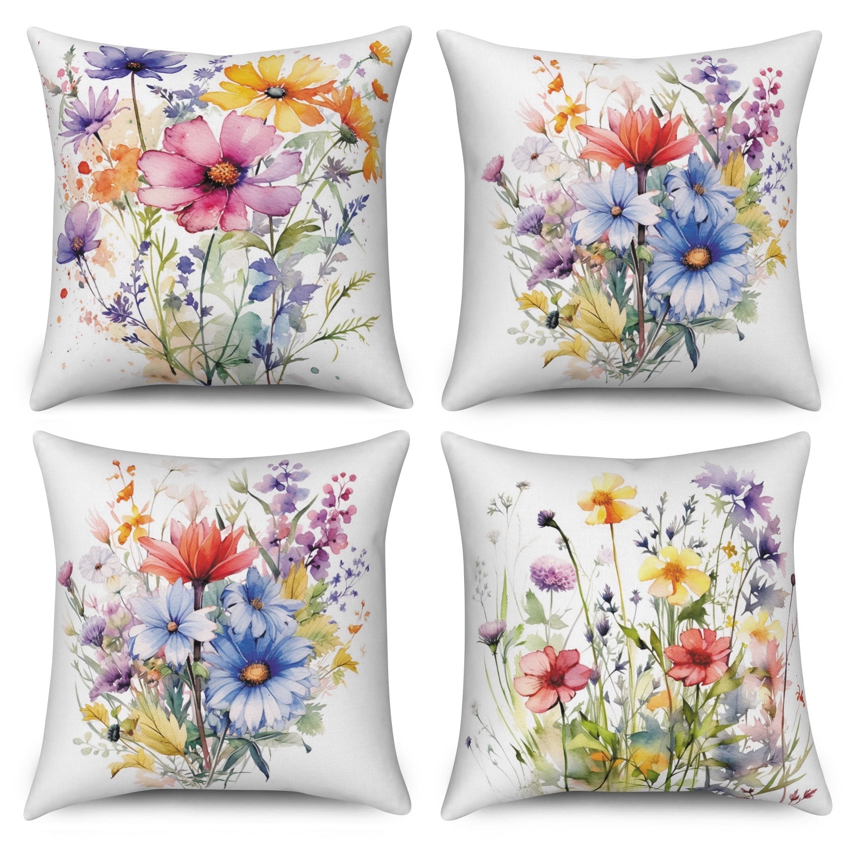 Pbobriich Spring Floral Throw Pillow Covers 16x16 Set of 4 Wildflowers ...