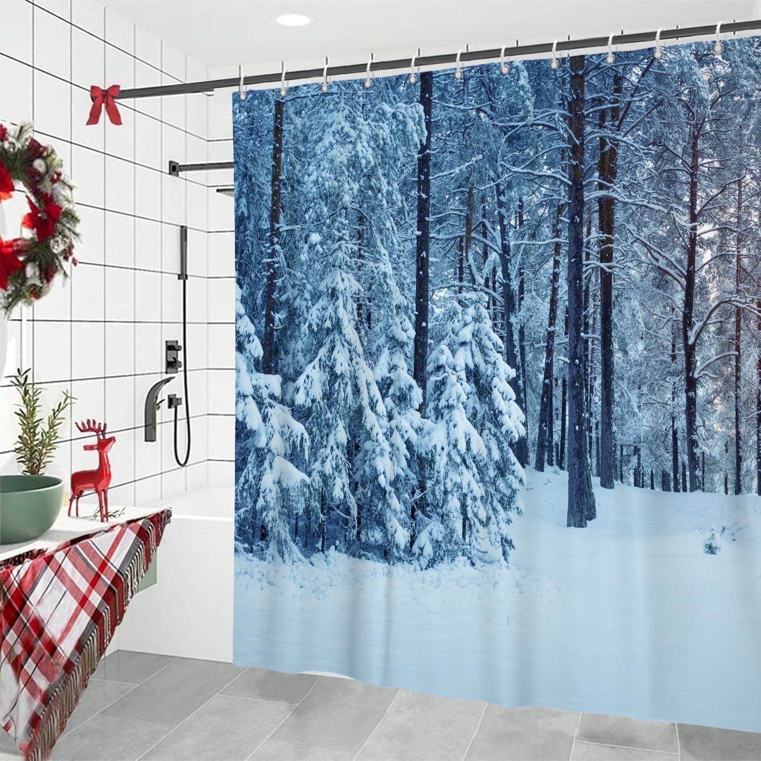Pbobriich Winter Snow Shower Curtain,Snowy Forest Tree Waterproof ...