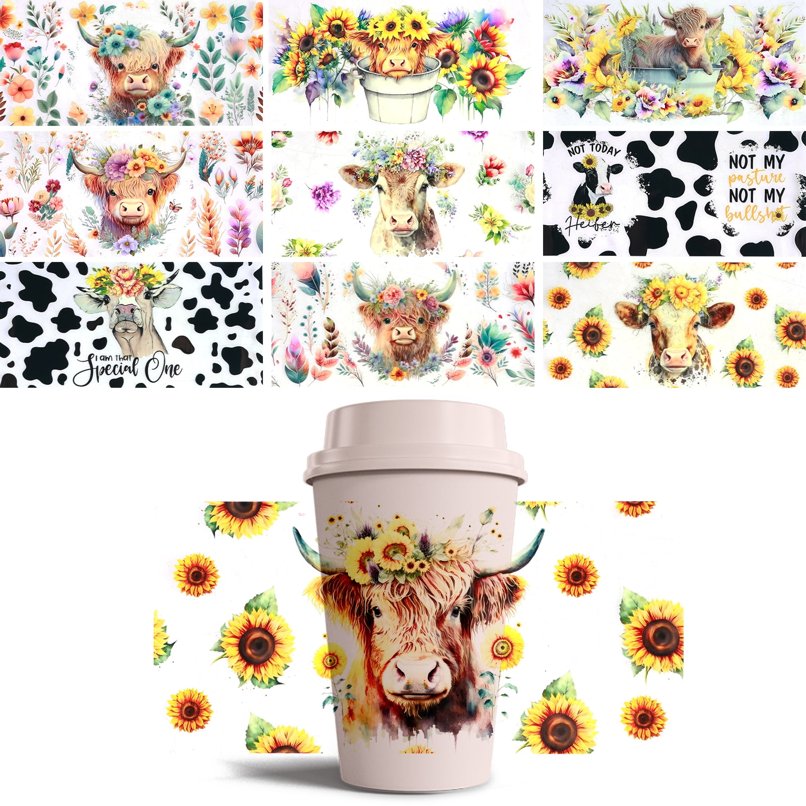 Pcapzz 10 Sheets Cup Wrap Transfer Stickers Highland Cow Cartoon ...