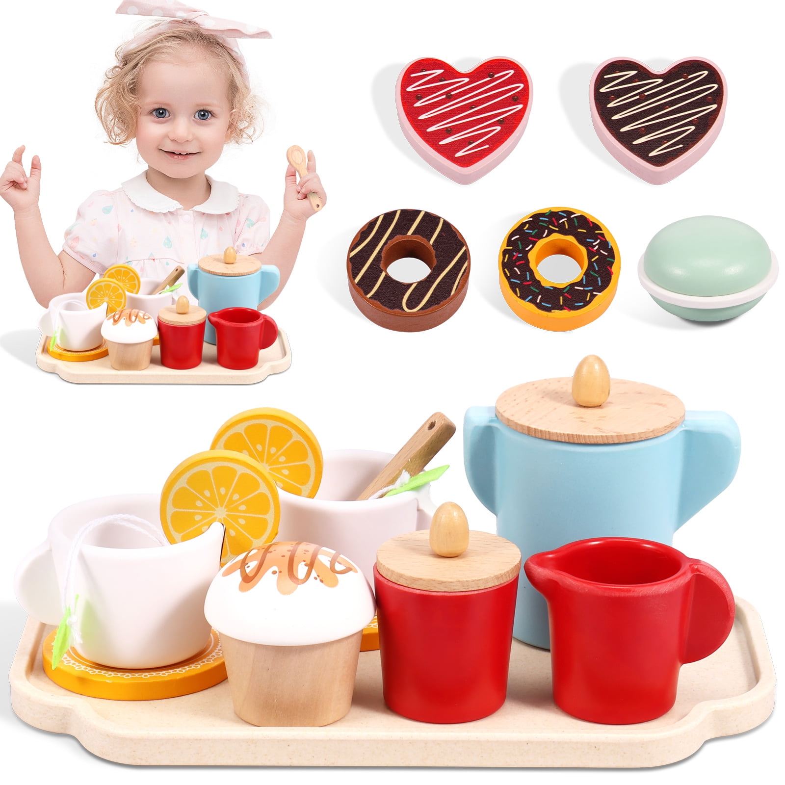 Pcapzz 21Pcs Wooden Tea Set for Kids Simulation Afternoon Tea Kit Role ...